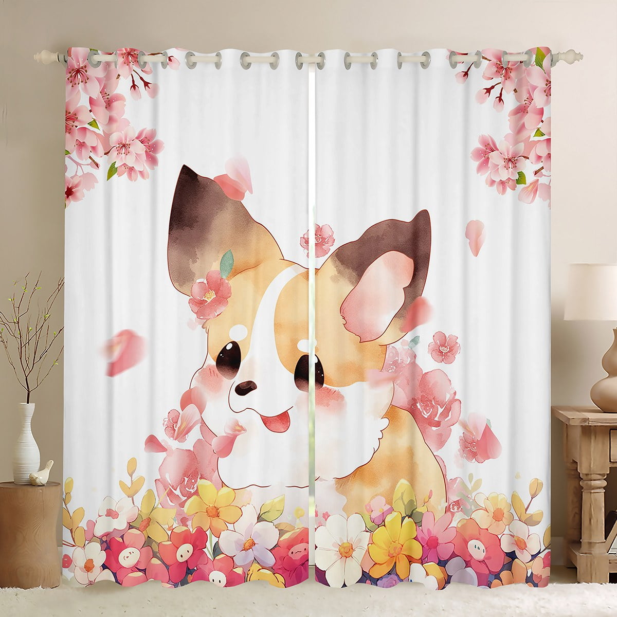 YST Cute Corgi Curtains Cartoon Puppy Dog Blackout Curtains for Bedroom ...