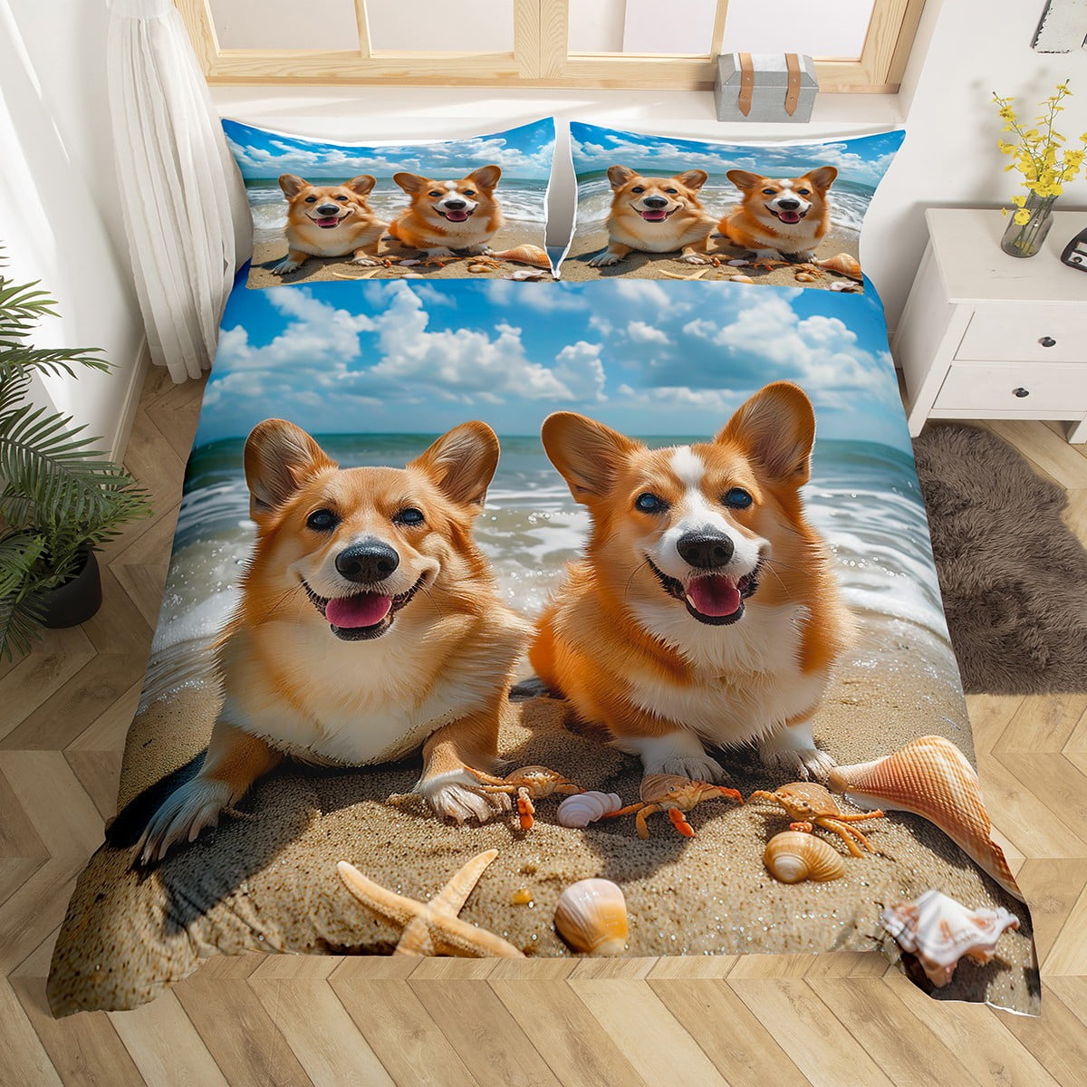 Erosebridal Cute Corgi Dog Bedding Sets Twin Hawaii Beach Bed Set,Summer Holiday Comforter Cover ...