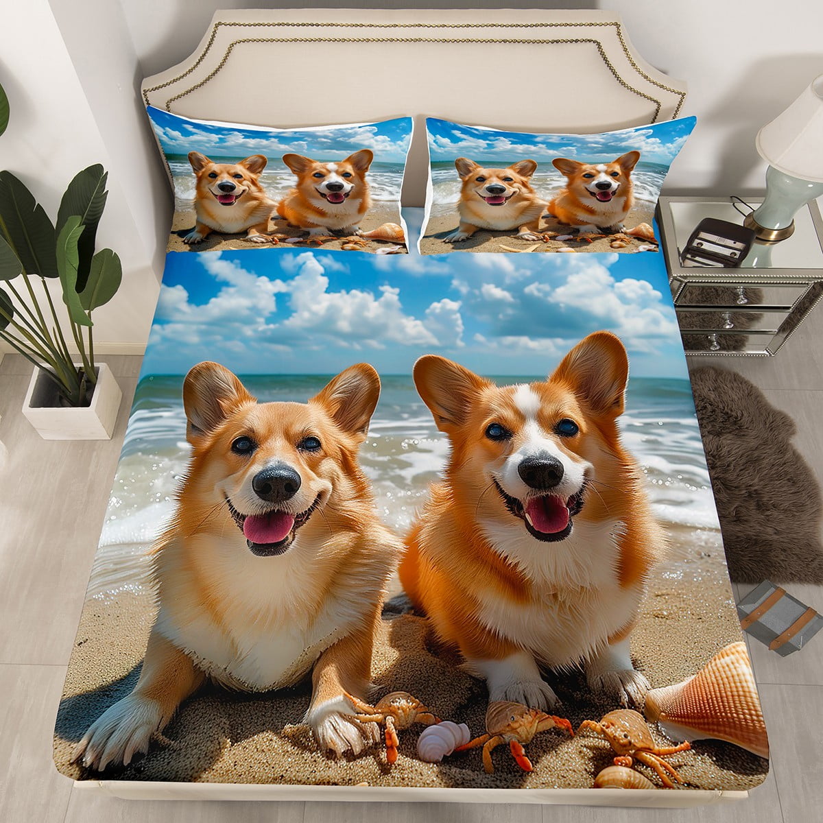 Erosebridal Cute Corgi Dog Queen Sheets Hawaii Beach Bed Sheets,Summer ...