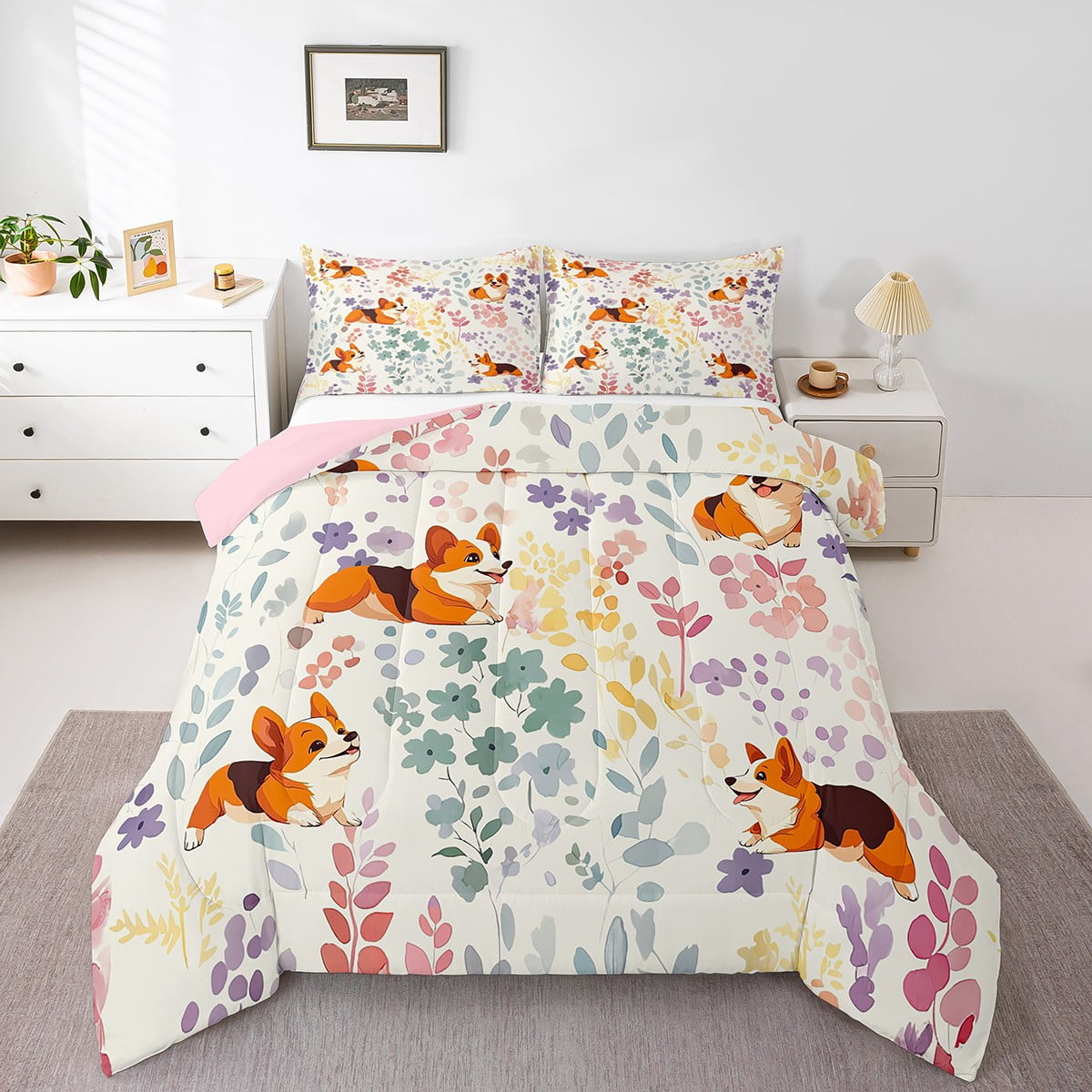 Cute Corgi Twin Comforter Set,Rainbow Flower Dog Kawaii Bedding Set ...