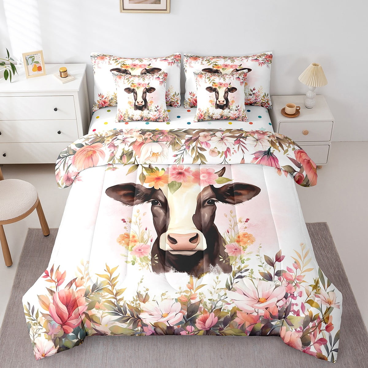 YST Cute Cow Bed in a Bag 7pcs Highland Cattle Bedding Set, Animal Themed Full Size Comforter ...