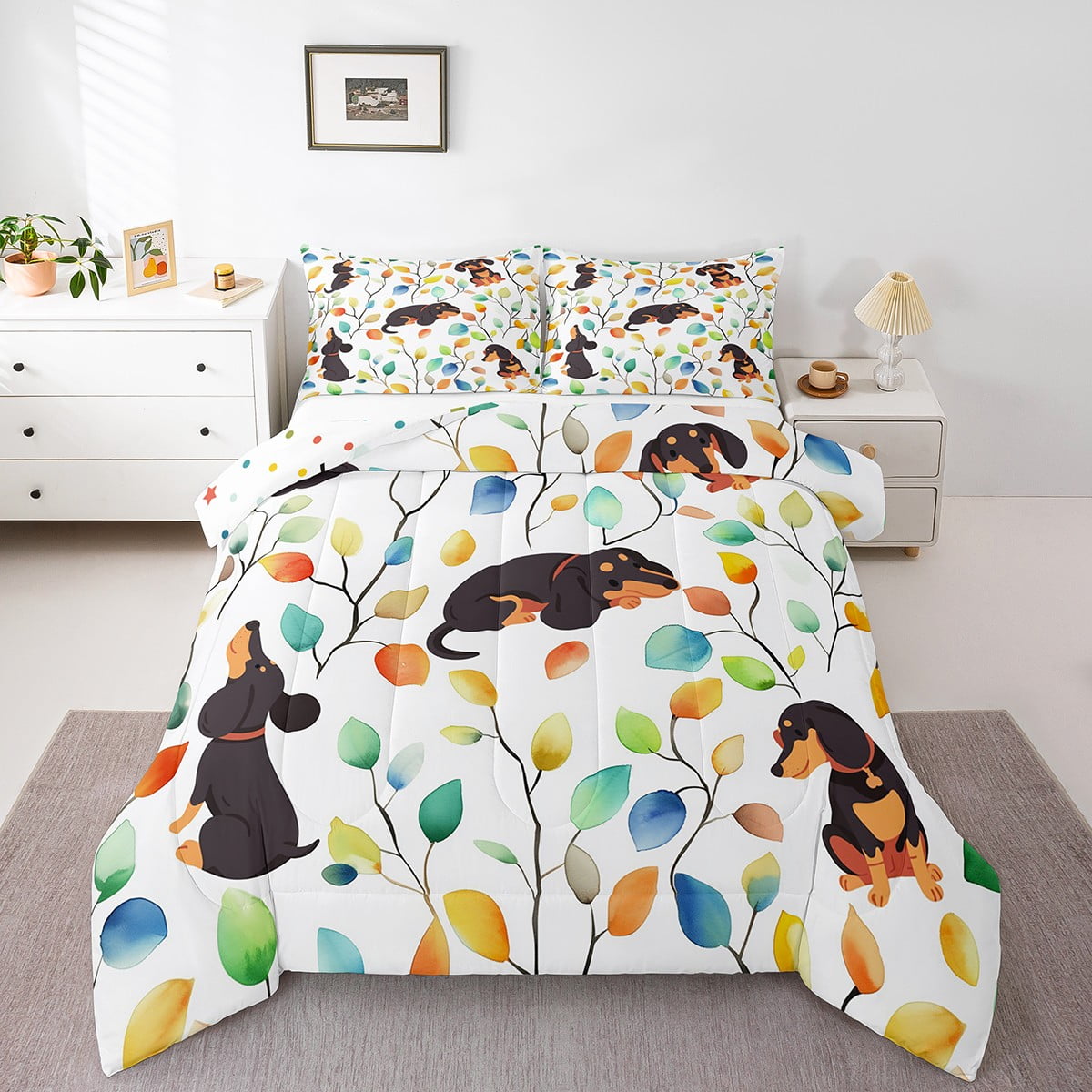 YST Cute Dachshund Full Comforter Set for Kids Child Hippie Floral ...