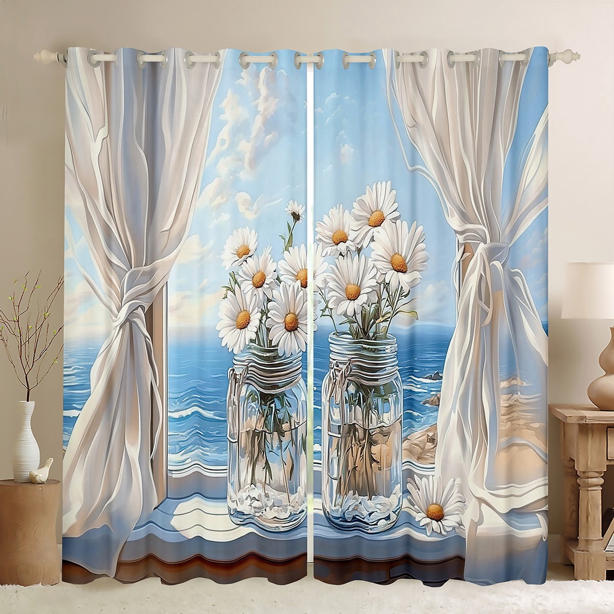 Cute Daisy Floral Curtains,Coastal Beach Boho Flower Curtains 30%-50% ...