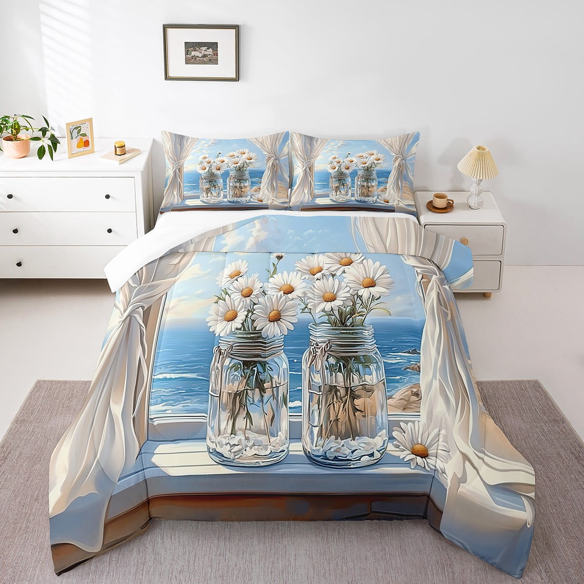 YST Cute Daisy Floral Full Comforter Set,Coastal Beach Boho Flower ...