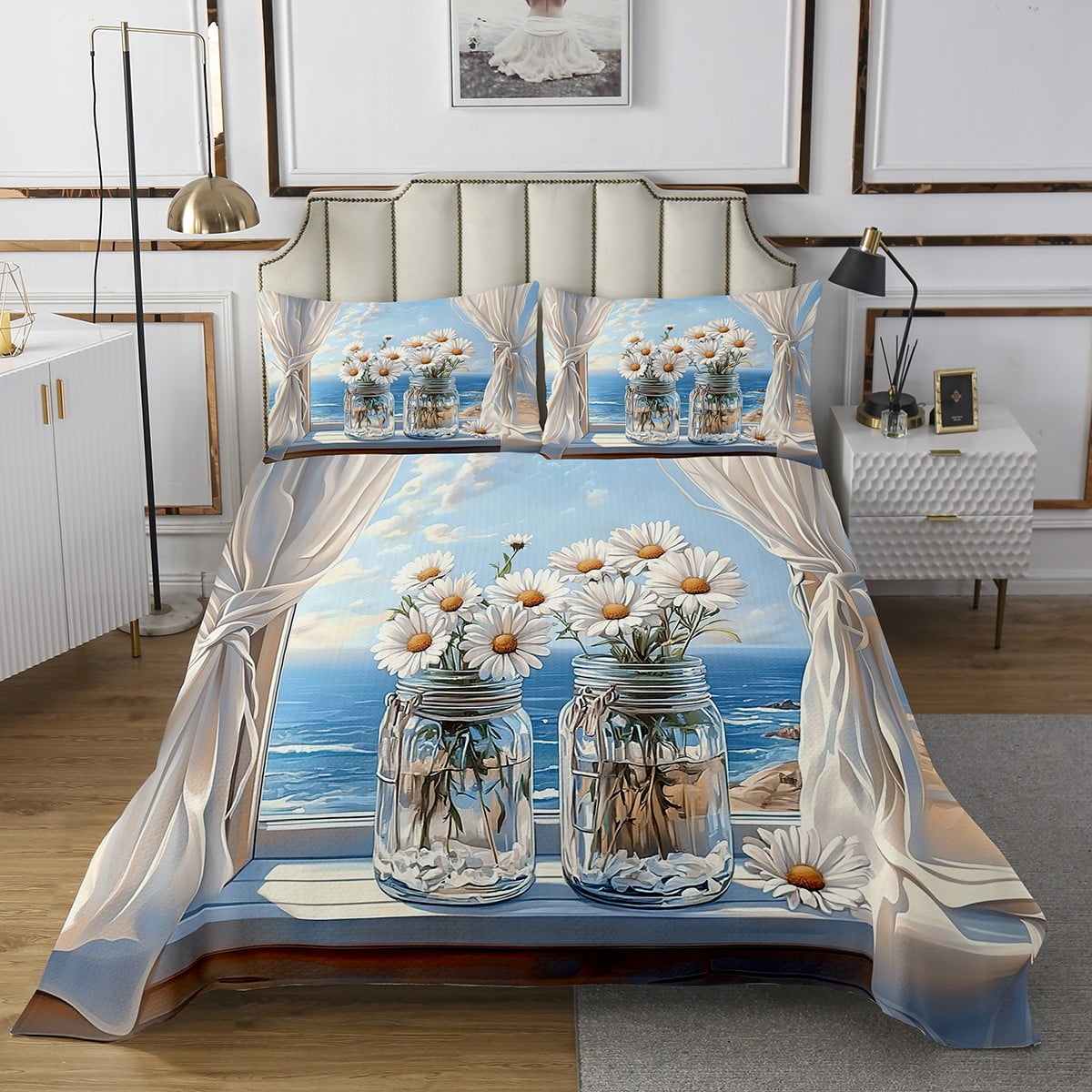 YST Cute Daisy Floral King Quilt Set,Coastal Beach Boho Flower ...