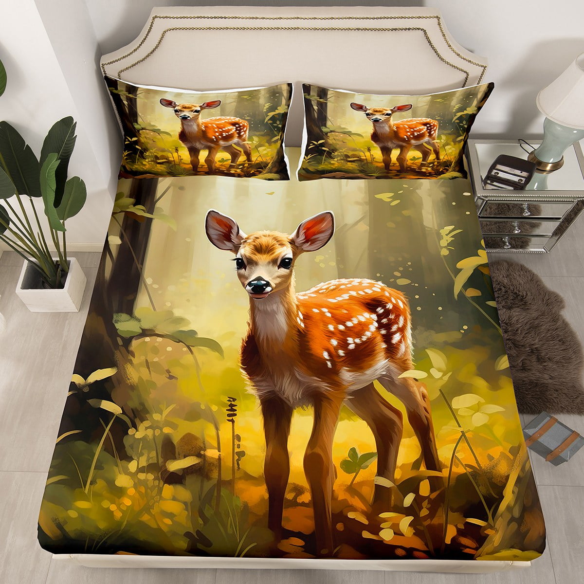 YST Cute Deer Sheets Sika Deer Woodland Animals Queen Fitted Sheet For ...