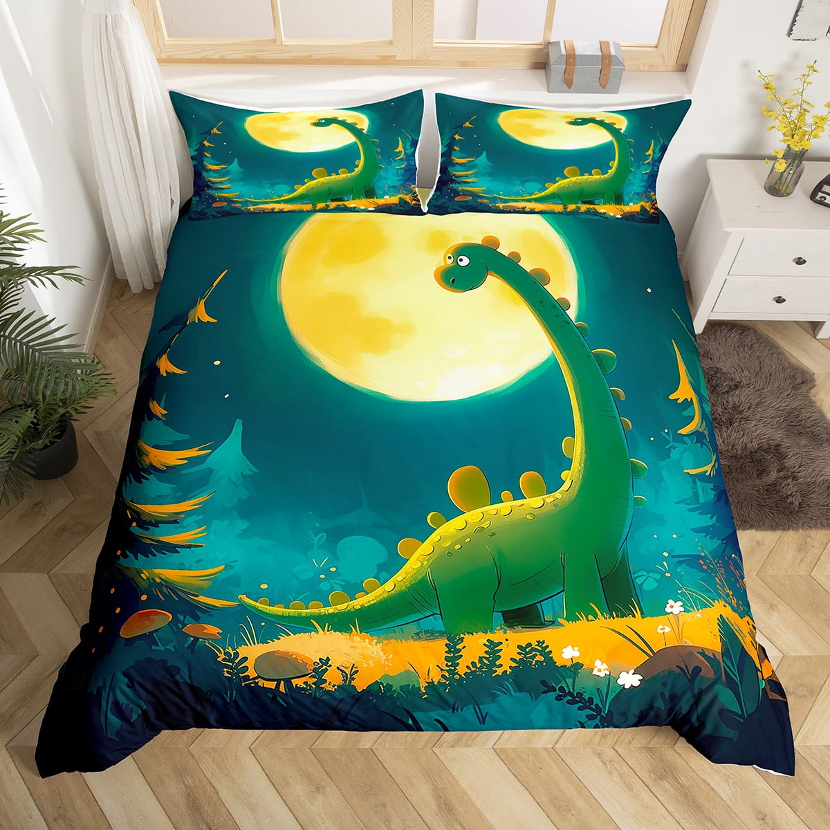 Cute Dinosaur Bedding Twin Size Animal Bed Set,Floral Blossoms ...
