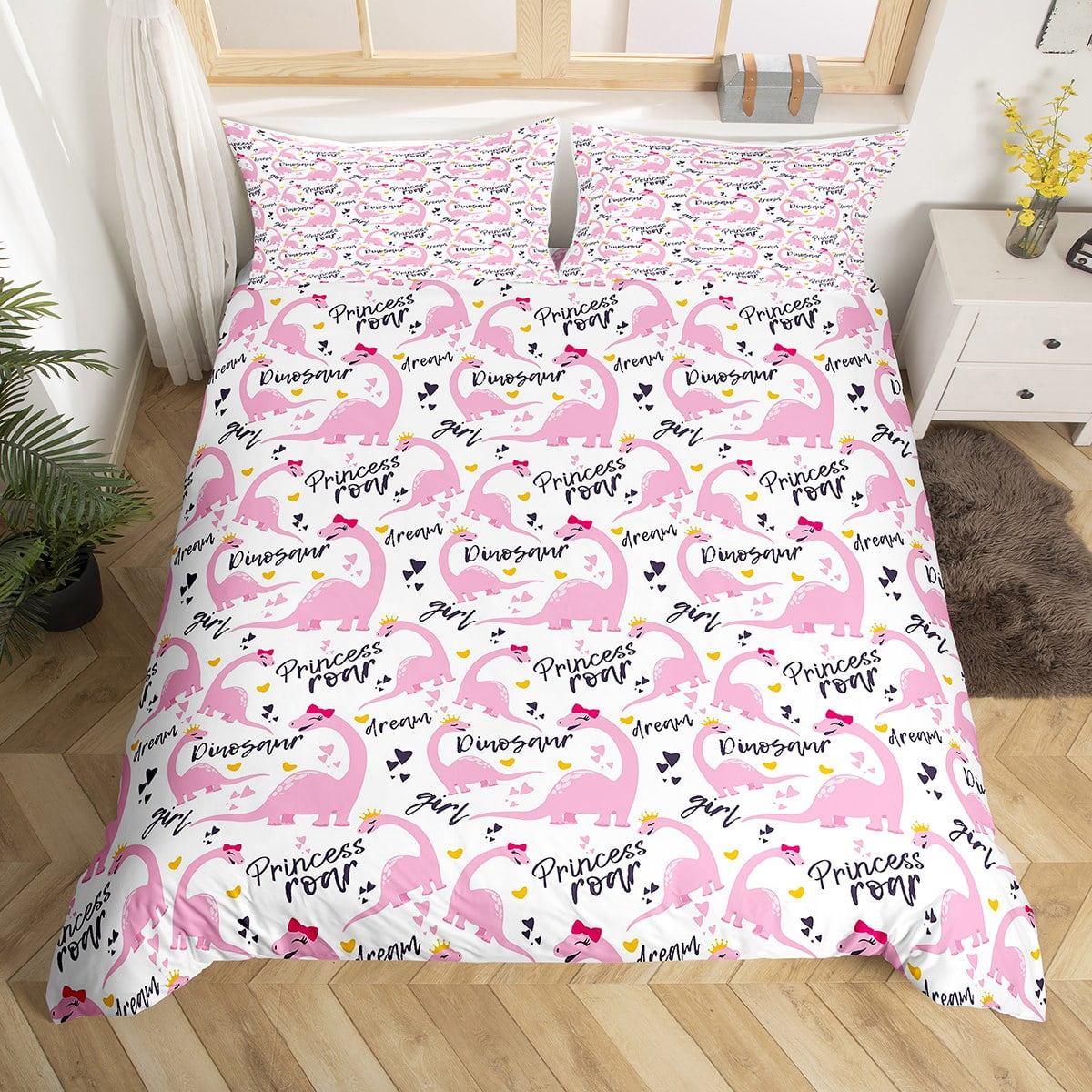 YST Cute Dinosaur Full Bedding Sets For Girls,Kids Pink Dion Duvet ...