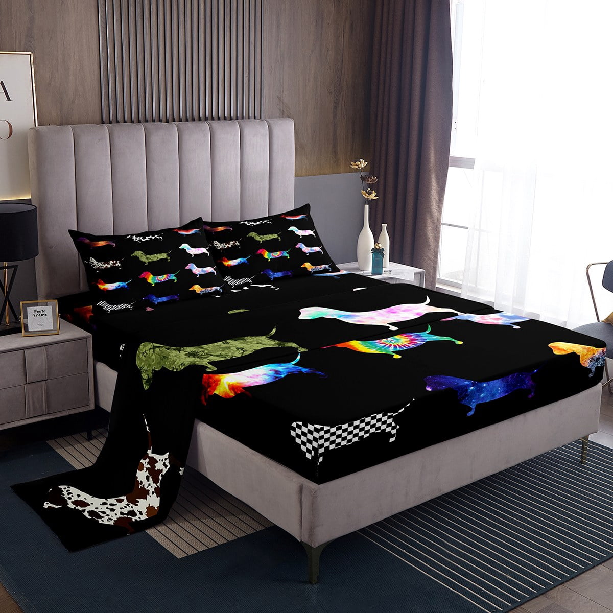 Erosebridal Cute Dogs Bed Set Rainbow Tie Dye Bed Sheets Set, Black ...