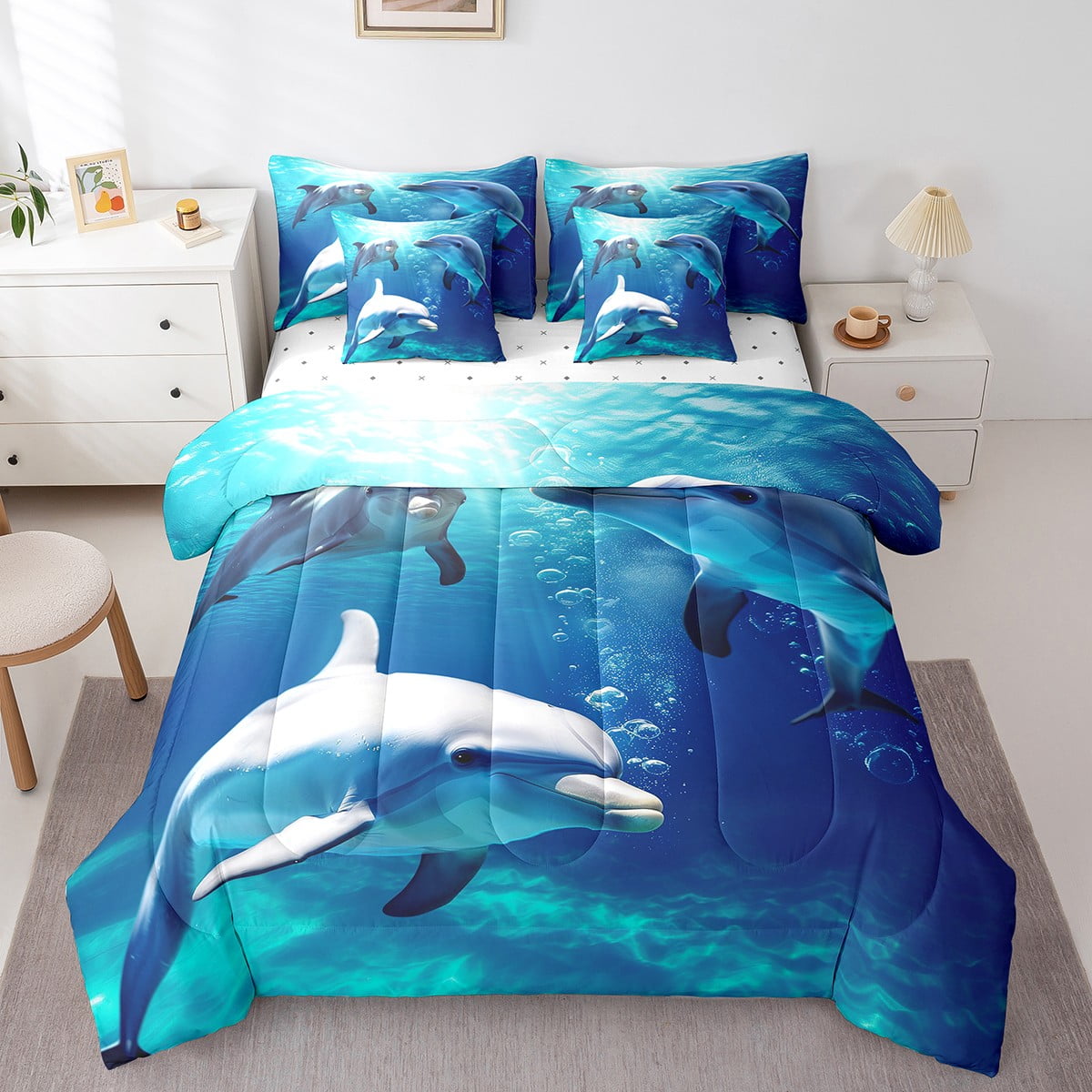 YST Cute Dolphin 7 Piece Comforter Set Queen,3D Dolphin Bedding Set for ...