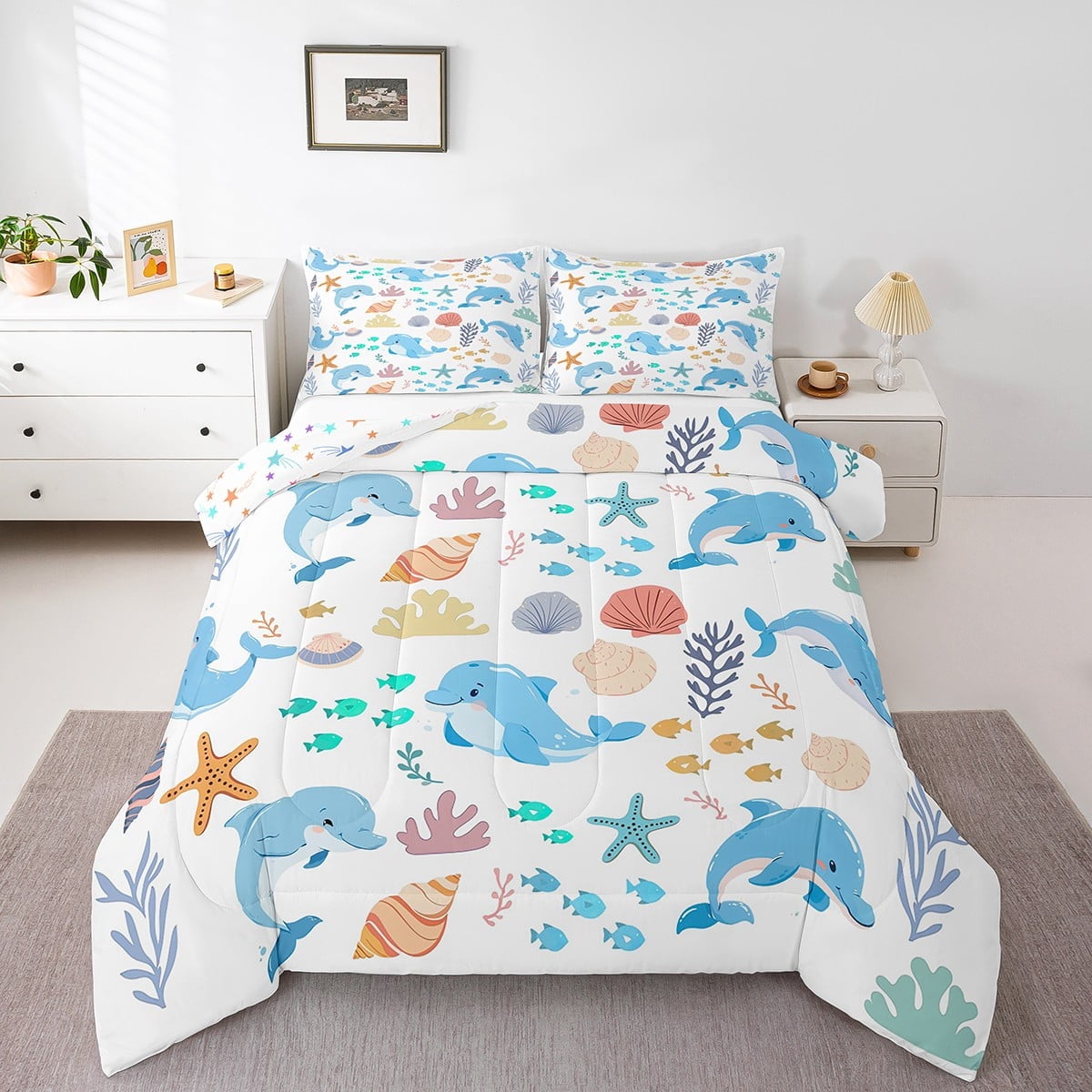 Cute Dolphin Bedding Sea Animal Comforter Set Kids Kawaii Room Decor ...