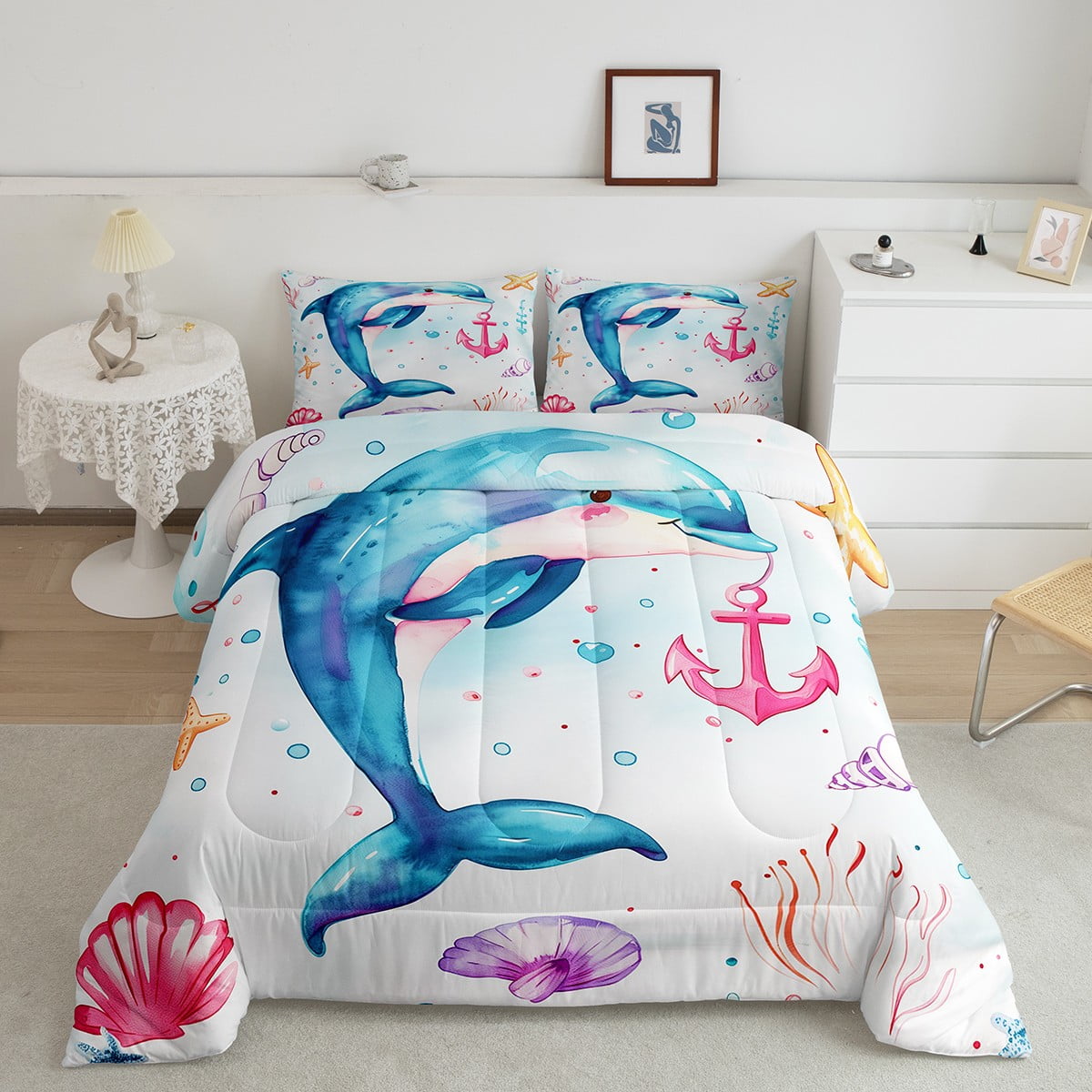 Erosebridal Cute Dolphin Comforter Set Twin Size, Kawaii Blue Dolphin ...