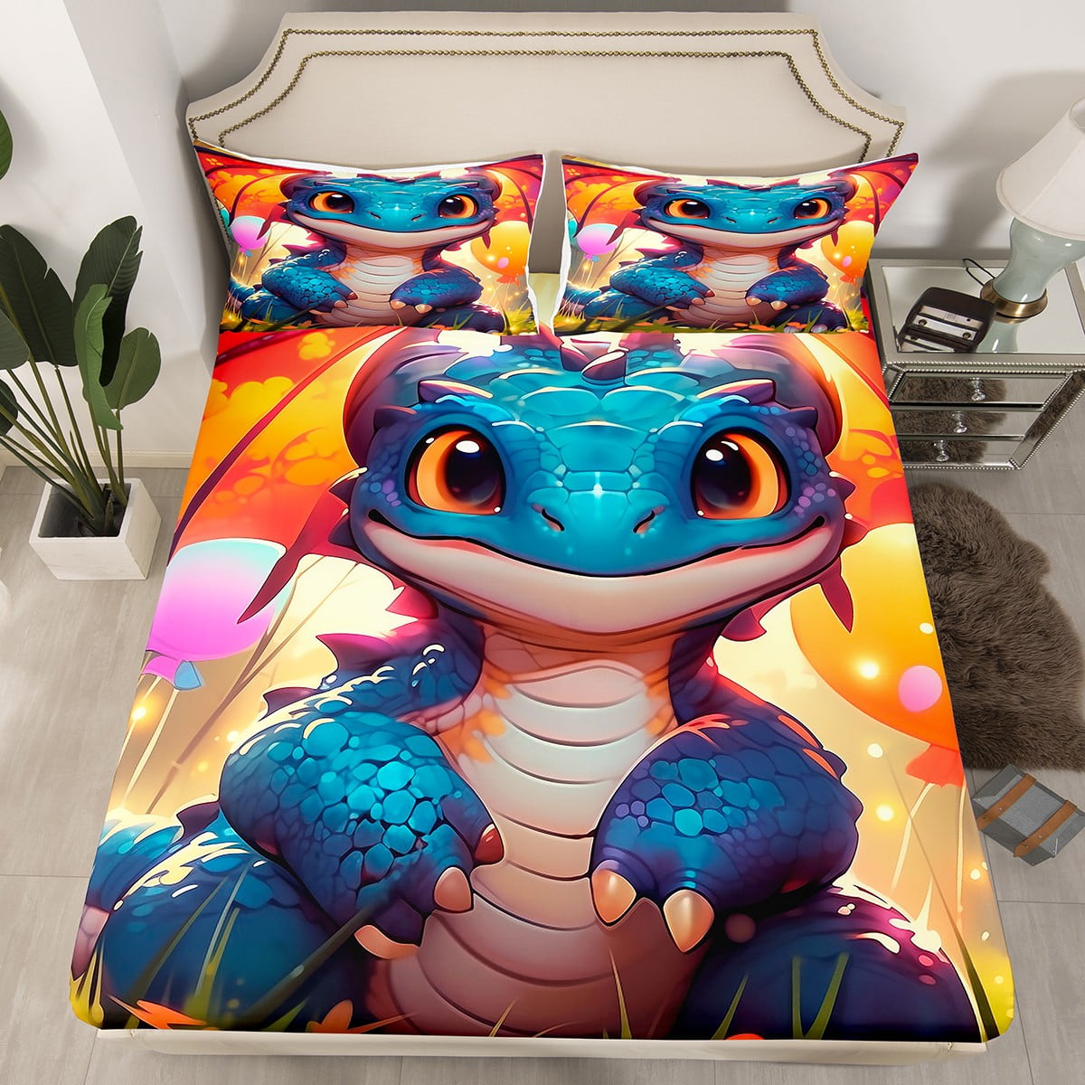 YST Cute Dragon Twin Fitted Sheet Kawaii Animal Bedding Kids Room Decor ...