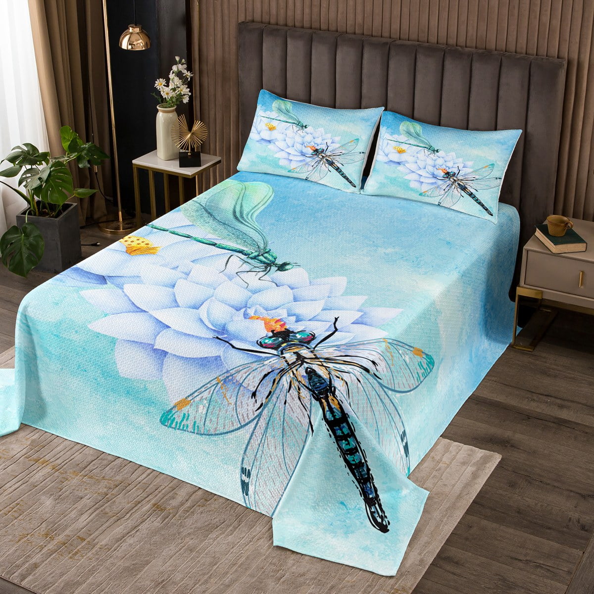 YST Cute Dragonfly Bedspread Queen Size Chic Lotus Floral Quilt Set for ...