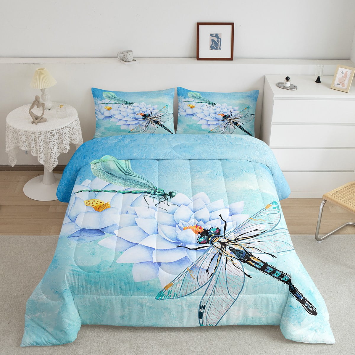 YST Cute Dragonfly Comforter Set Queen Chic Lotus Floral Bedding Set ...