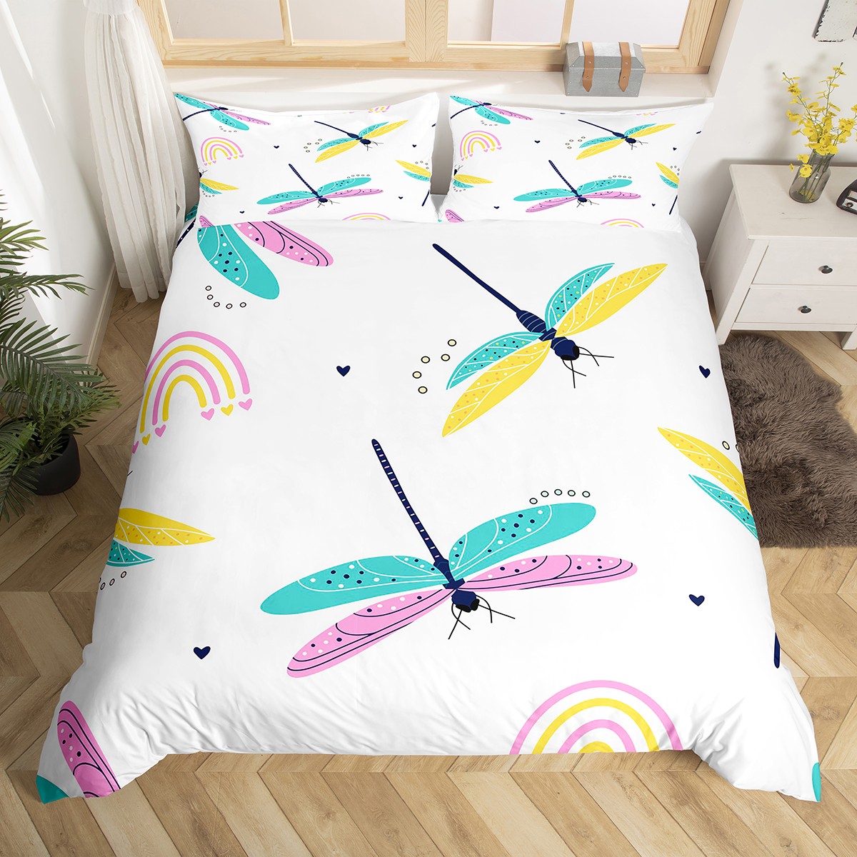 Erosebridal Cute Dragonfly Duvet Cover Boho Rainbow Bedding Set Bedroom ...
