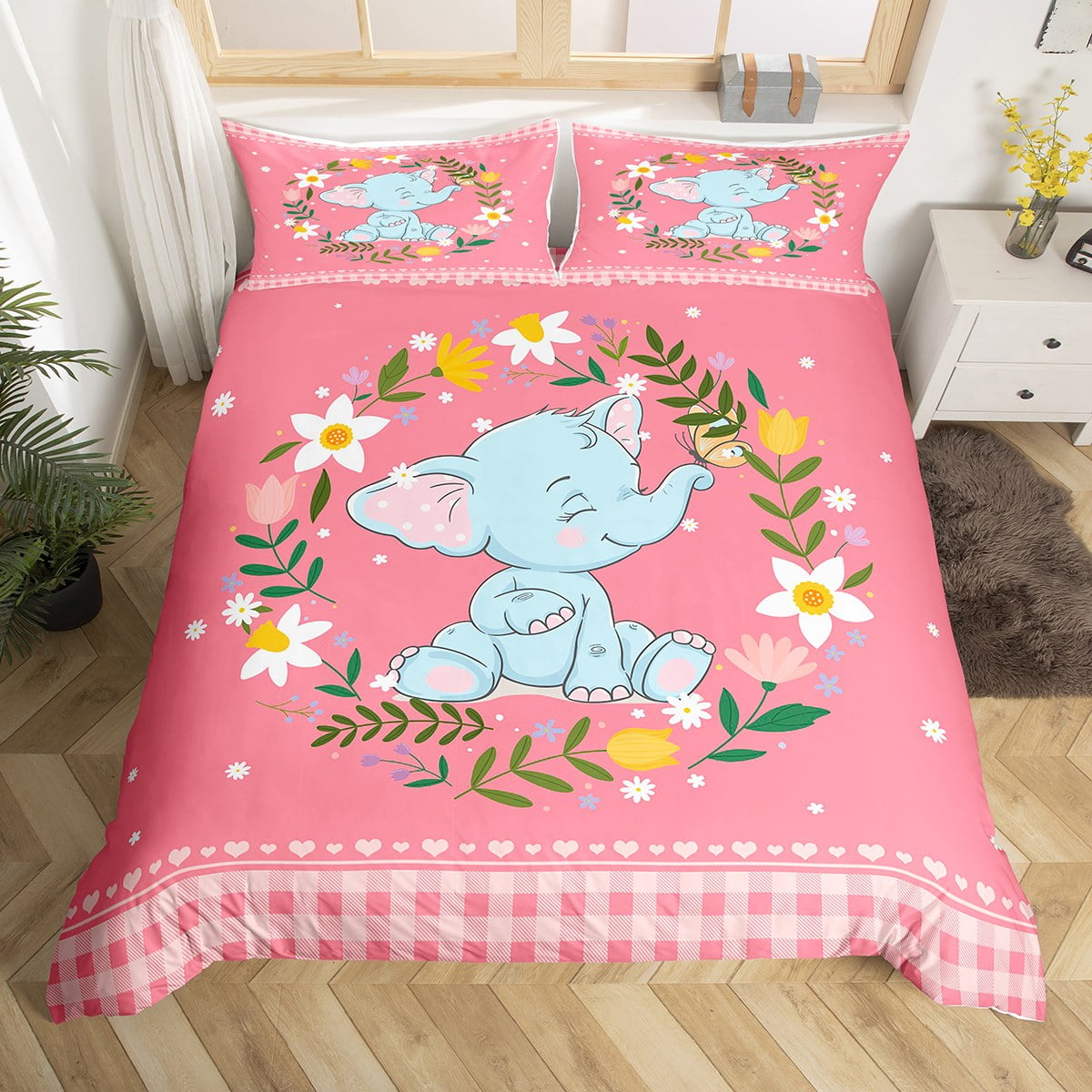 Cute Elephant Bedding Sets King Woodland Animal Comforter Cover , Pink ...
