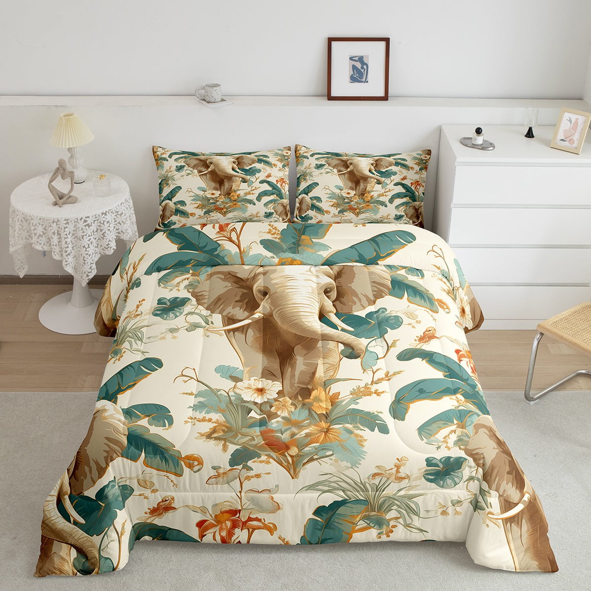 Cute Elephant Queen Comforter Set Rainbow Floral Bedding Sets,Jungle ...