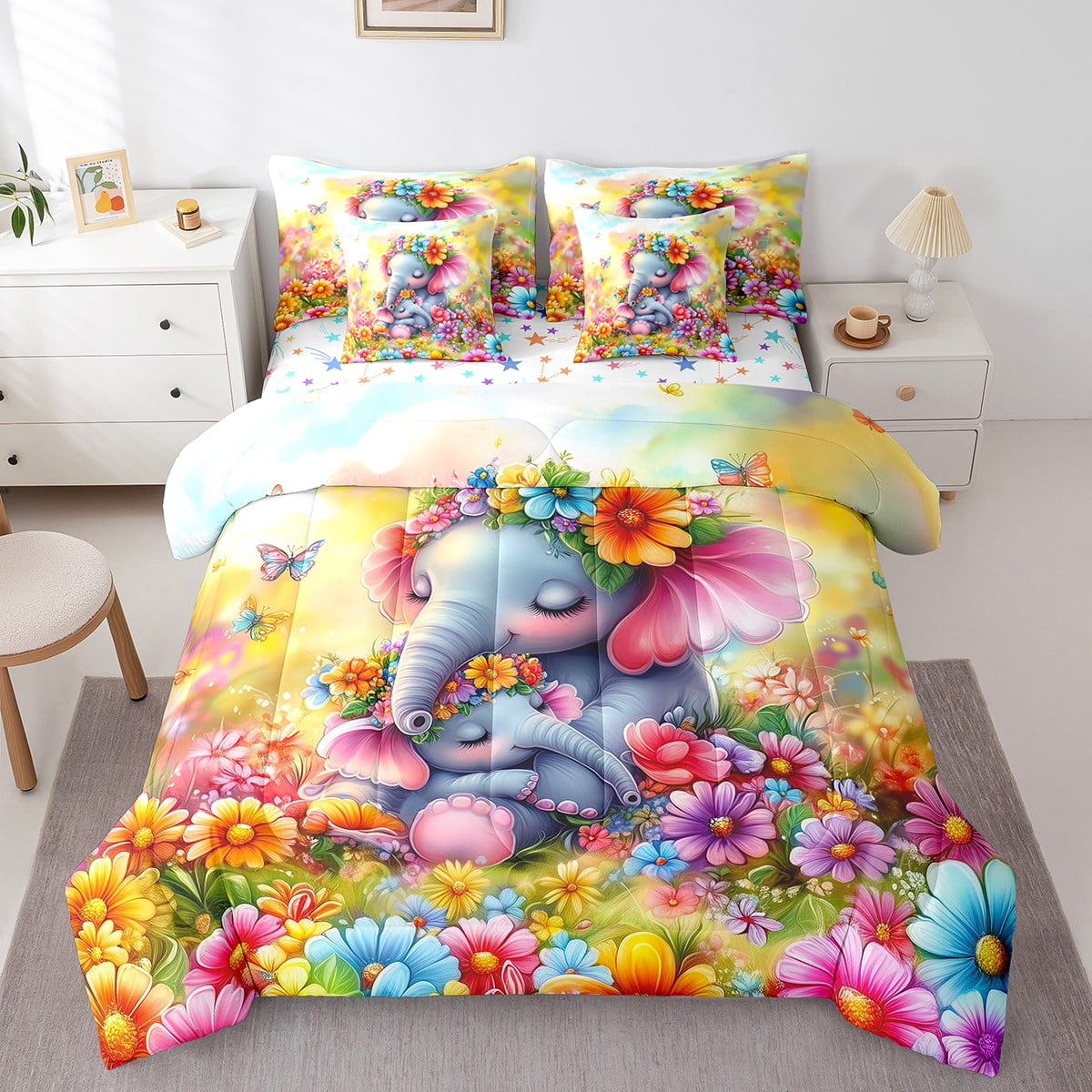 YST Cute Elephant Twin Comforter Set 7 Piece For Kids Boys Girls,Kawaii ...