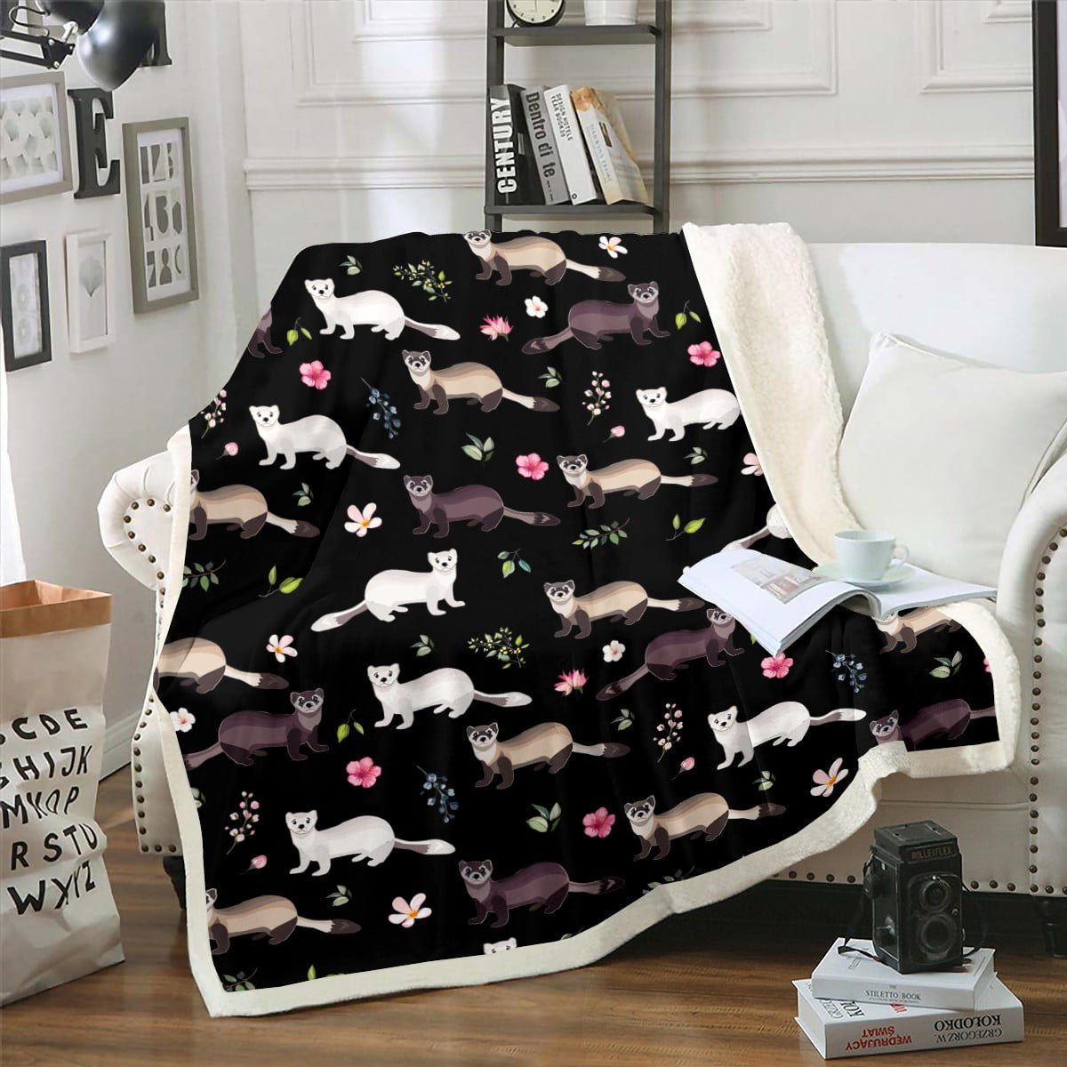 Yst Cute Ferret Blanket Pink Cherry Blossoms Throw Blanket For Bed For