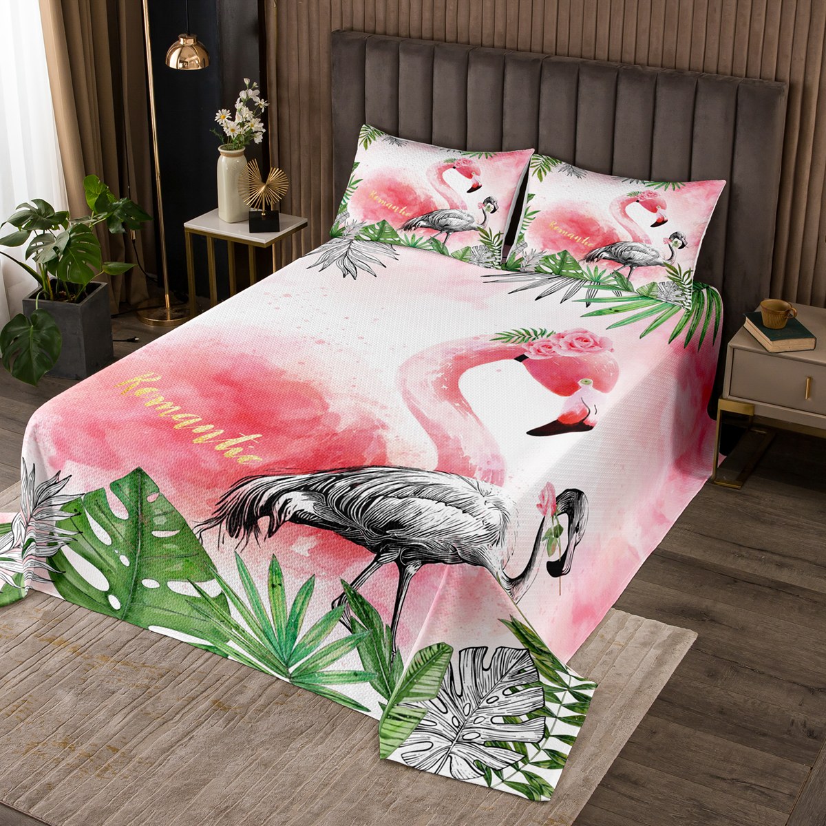 Erosebridal Cute Flamingo Decor Quilt Set Women Pink Flamingo Bedspread ...