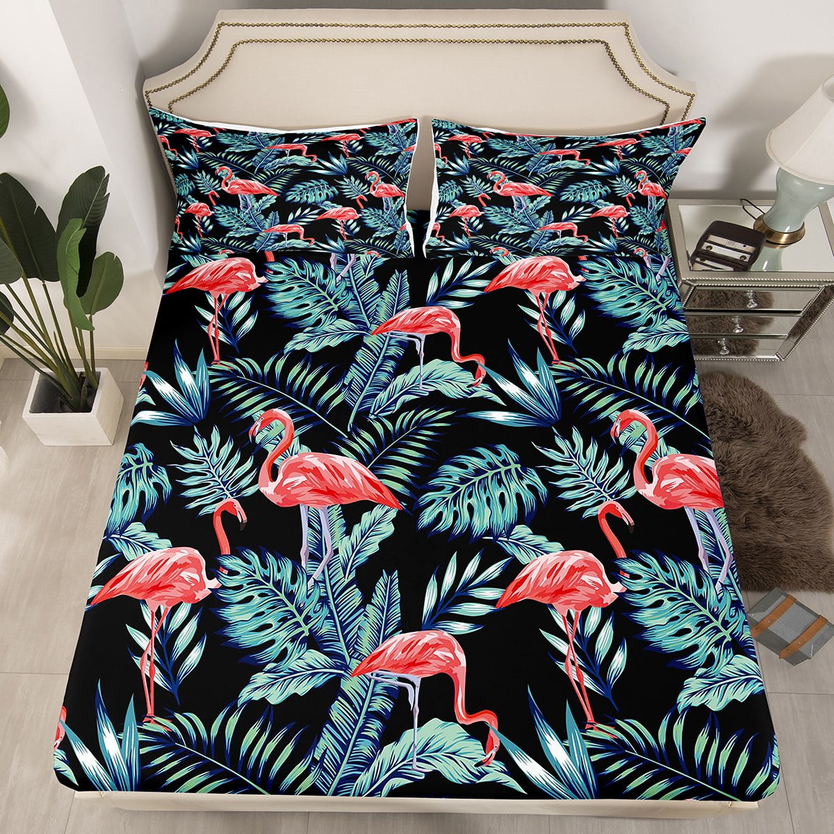 YST Cute Flamingo Fitted Sheet Full for Girls Flamingo Bed Sheets Green ...