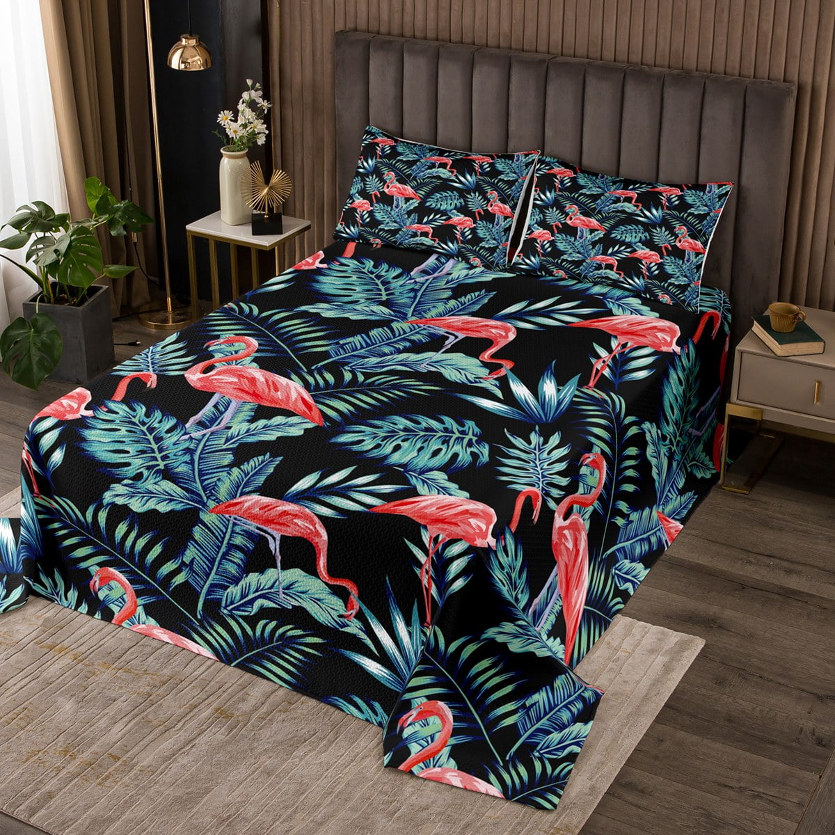 YST Cute Flamingo Quilt Set King for Girls Flamingo Bedspread Green ...