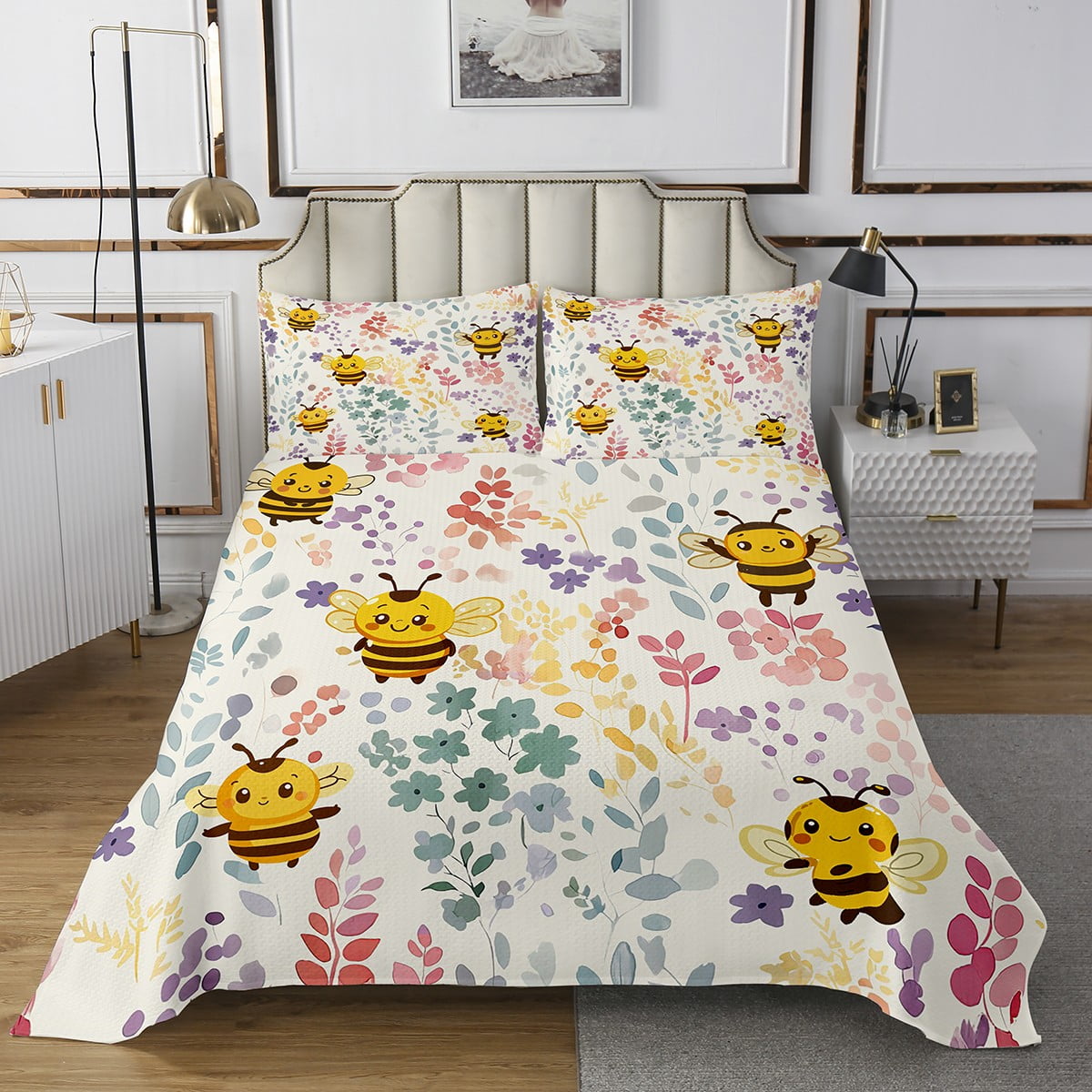 Cute Floral Bee King Quilt Set,Kawaii Bee Bedding Set,Colorful Flower ...