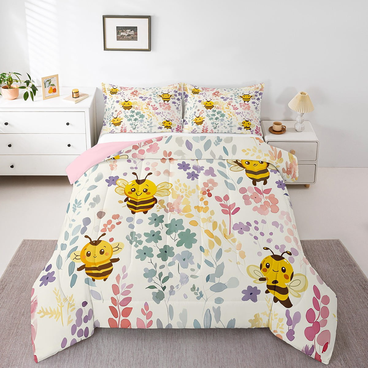 Cute Floral Bee Twin Comforter Set,Kawaii Bee Bedding Set,Colorful ...