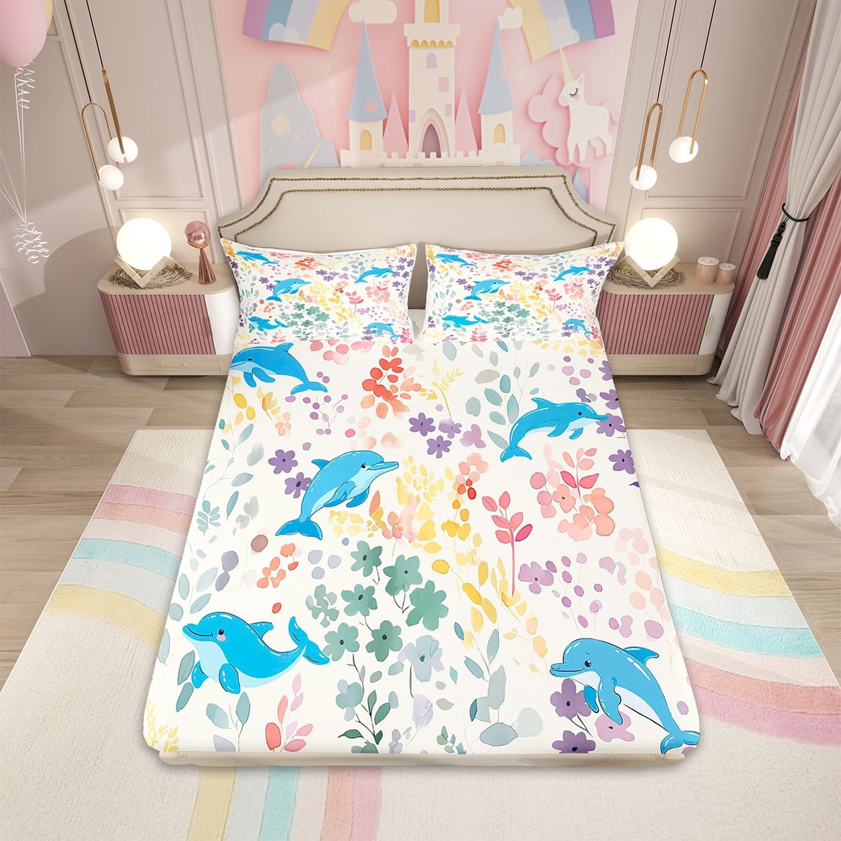Cute Floral Dolphin Twin Bed Sheets Set,Sea Ocean Animal Dolphin ...