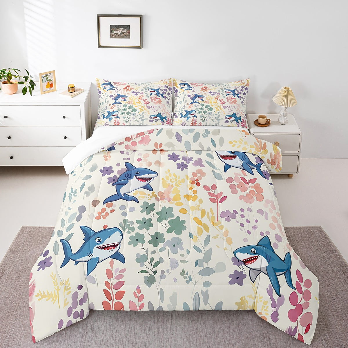 Cute Floral Shark Bedding Set,Ocean Sea Animal Shark Comforter Set ...