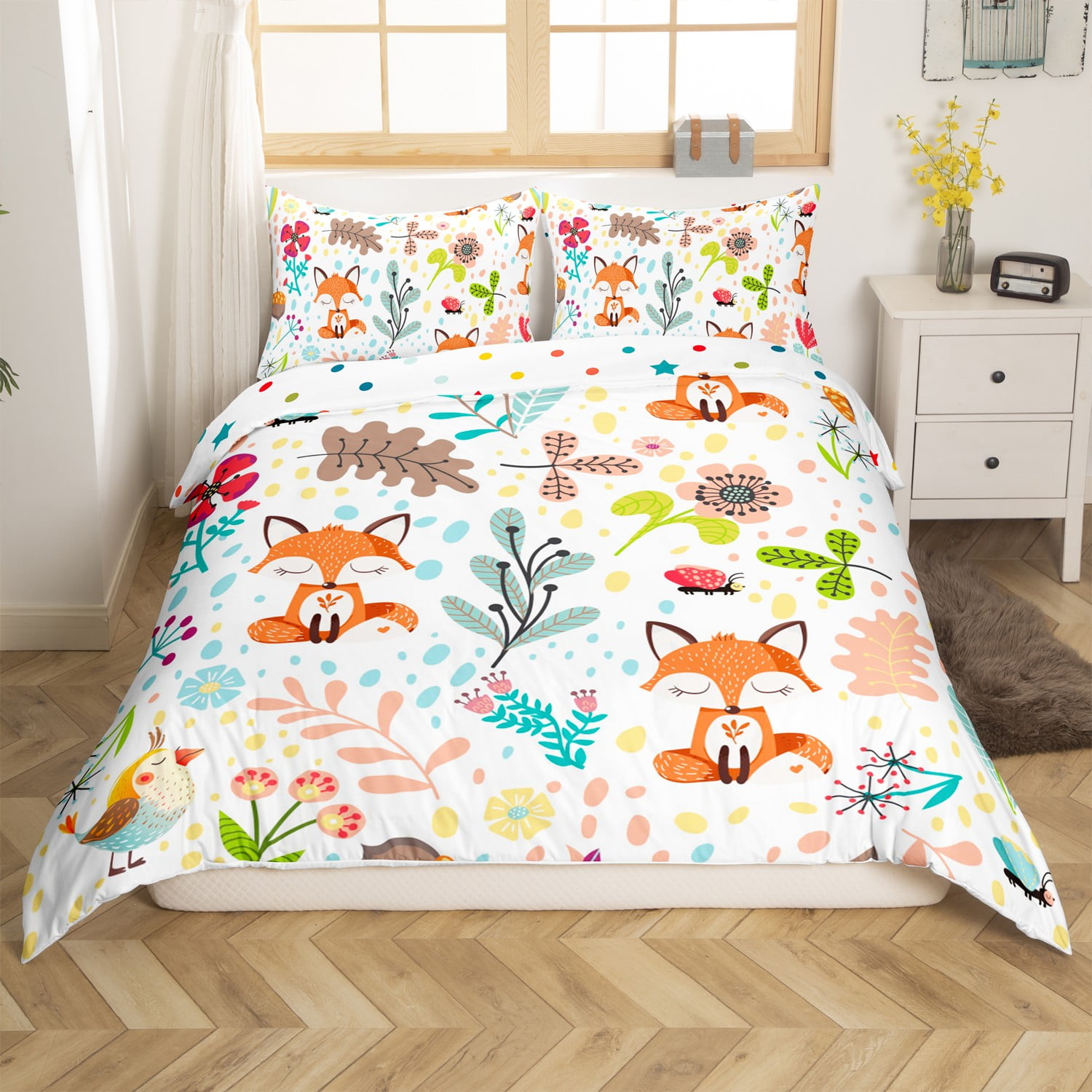 Erosebridal Cute Fox Comforter Cover Queen Cartoon Woodland Wildlife ...