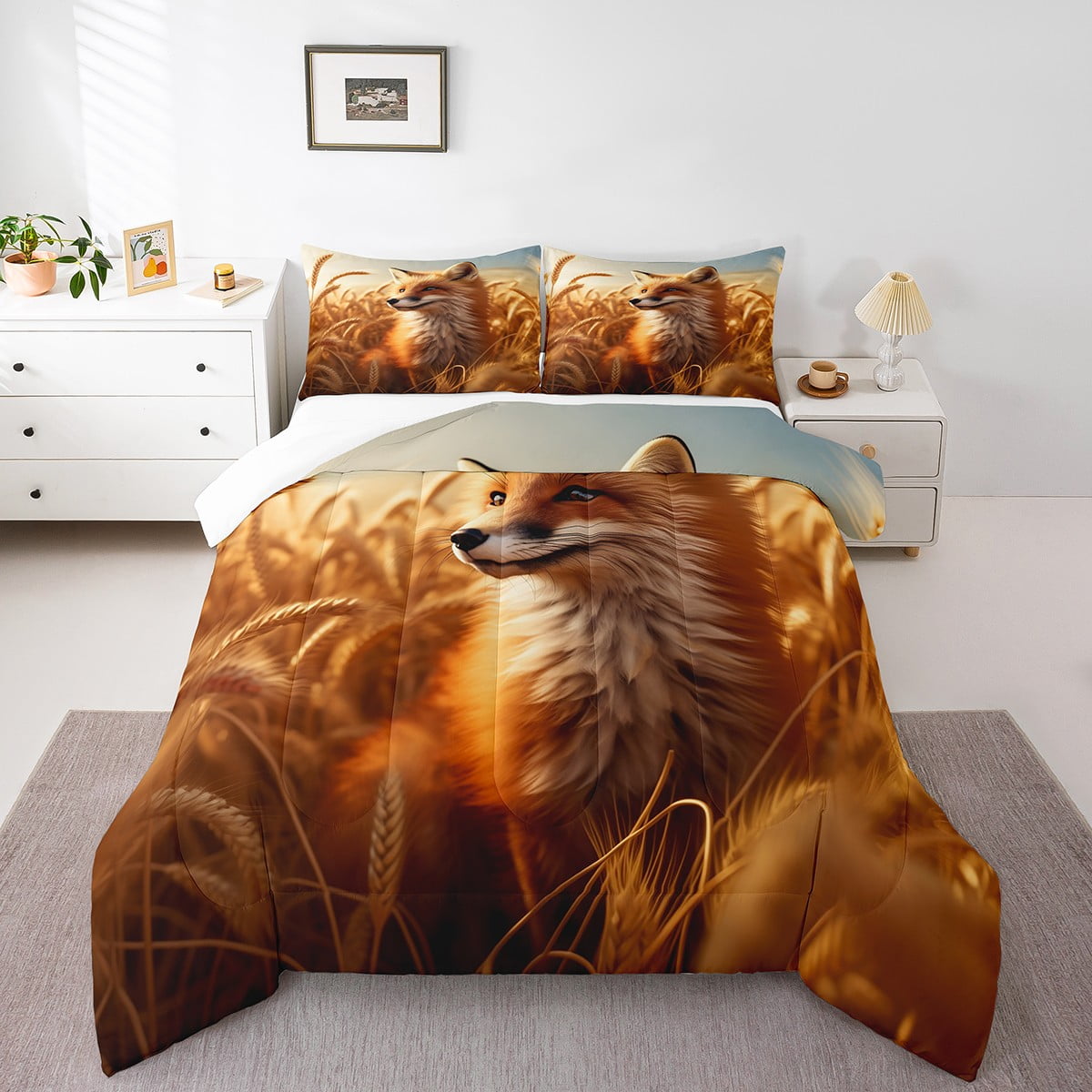 Erosebridal Cute Fox Comforter Set Wheat Bedding Cartoon Wild Animal ...