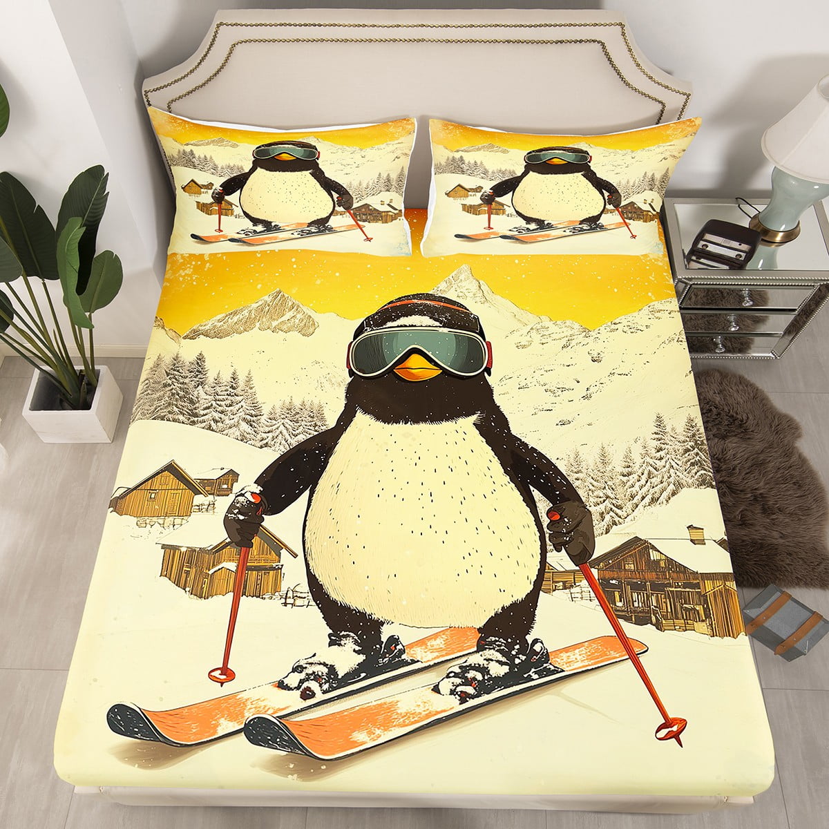 Cute Funny Penguin Twin Fitted Sheet,Winter Ski Themed Bedding Set,Ski ...