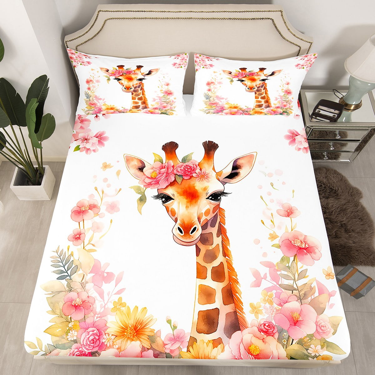 Erosebridal Cute Giraffe Bed Sheets Pink Flowers Floral Bedding Set ...