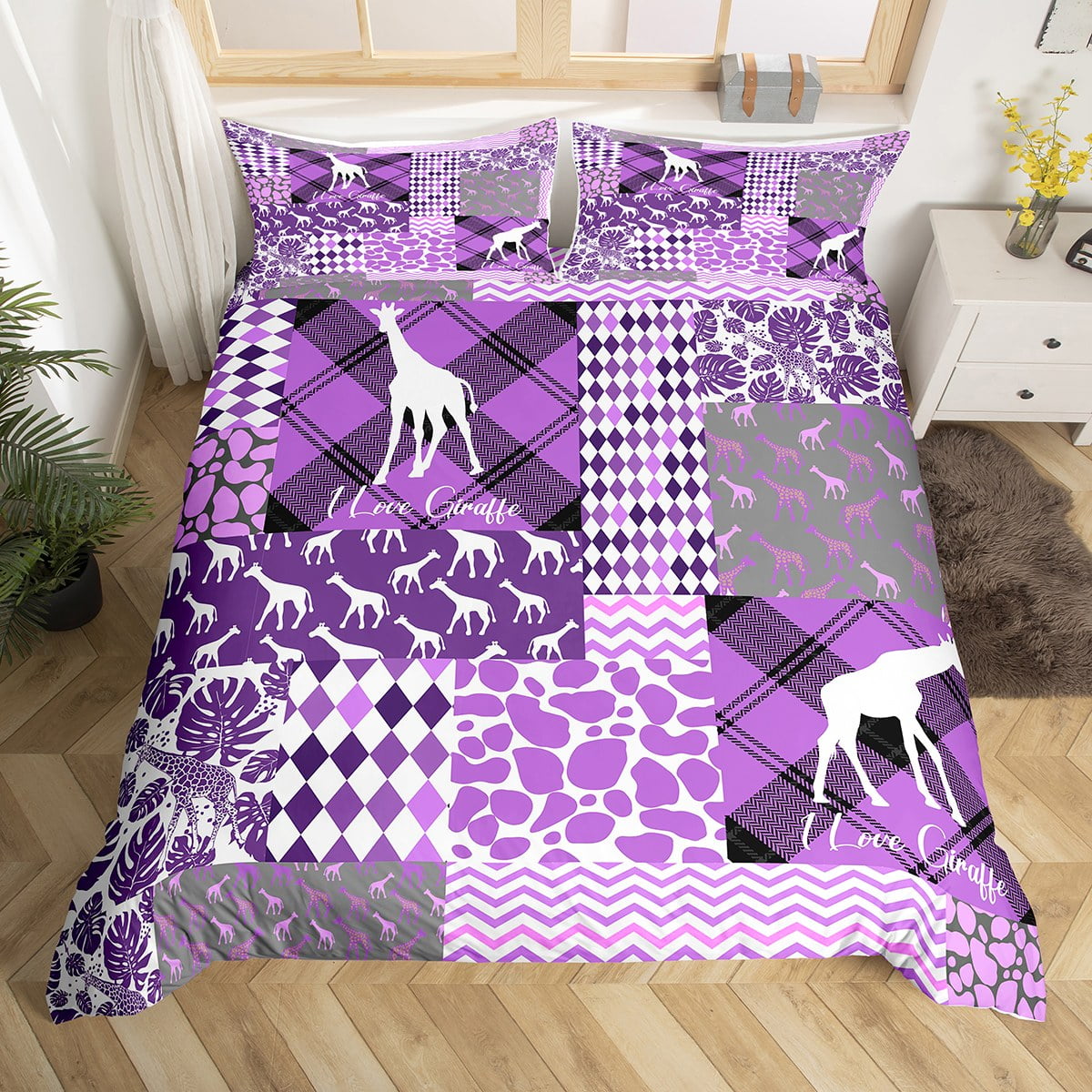YST Cute Giraffe Bedding Sets Queen Purple Animal Print Comforter Cover ...