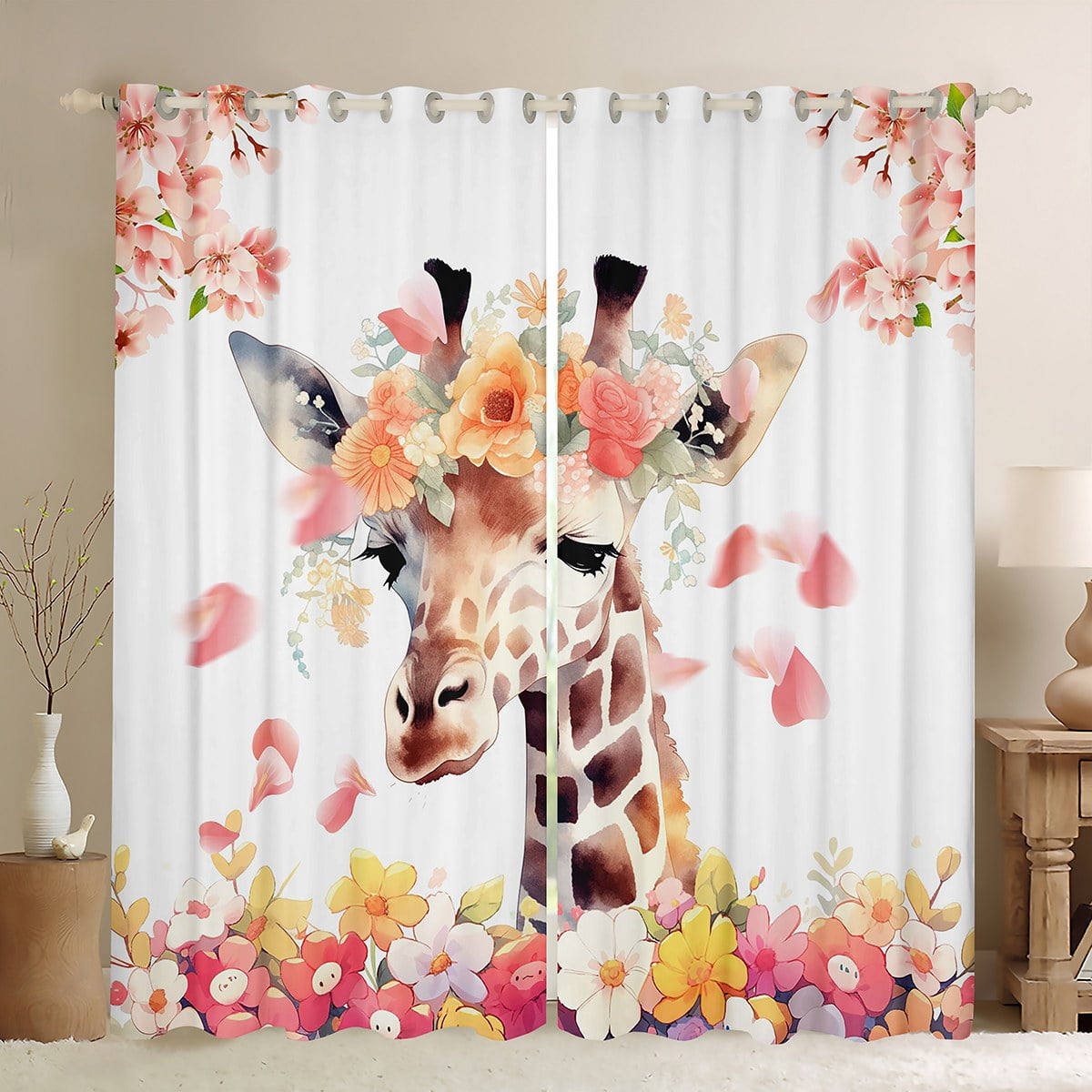 Cute Giraffe 30%-50% Blackout Curtains Watercolor Pink Rose Curtains ...