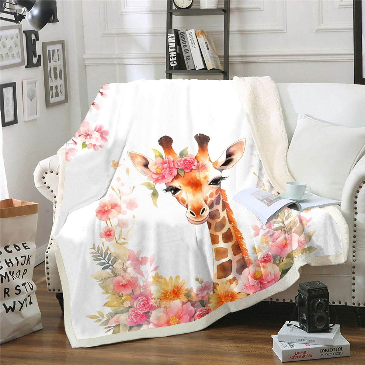 Cute Giraffe Throw Blanket Pink Flowers Floral Fuzzy Blanket Queen Size ...