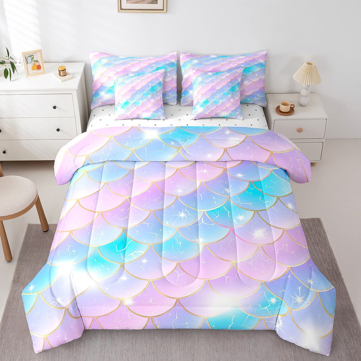 Erosebridal Cute Mermaid Comforter Set King 7 Piece Pink Teal Ombre ...