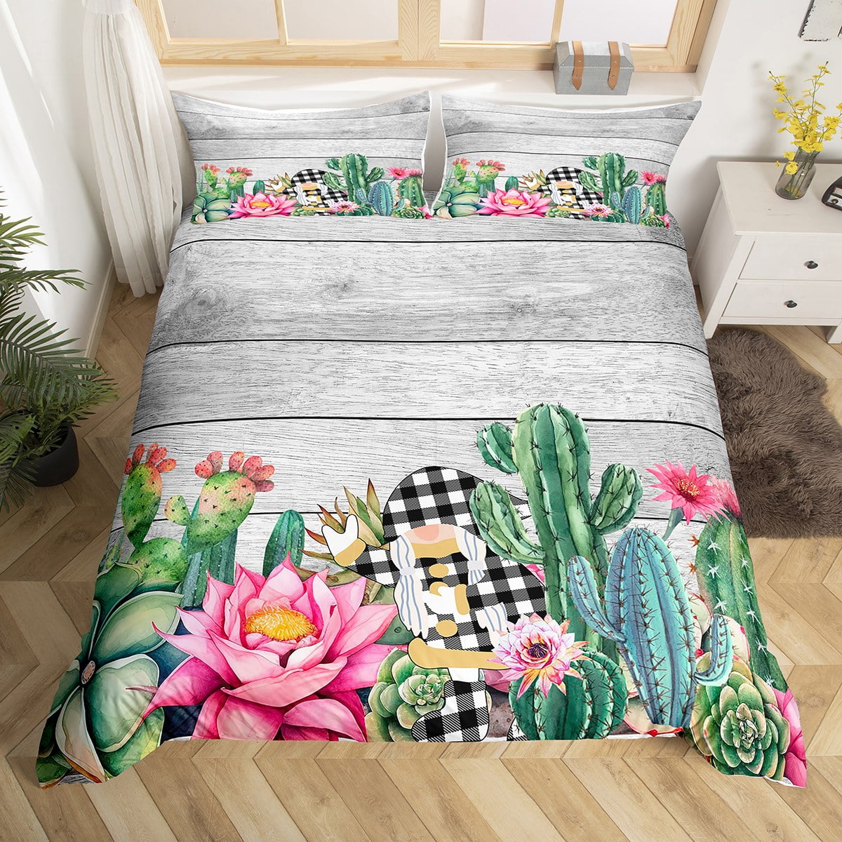 Erosebridal Cute Gnomes Duvet Cover,Spring Cactus Flower Bedding Set ...