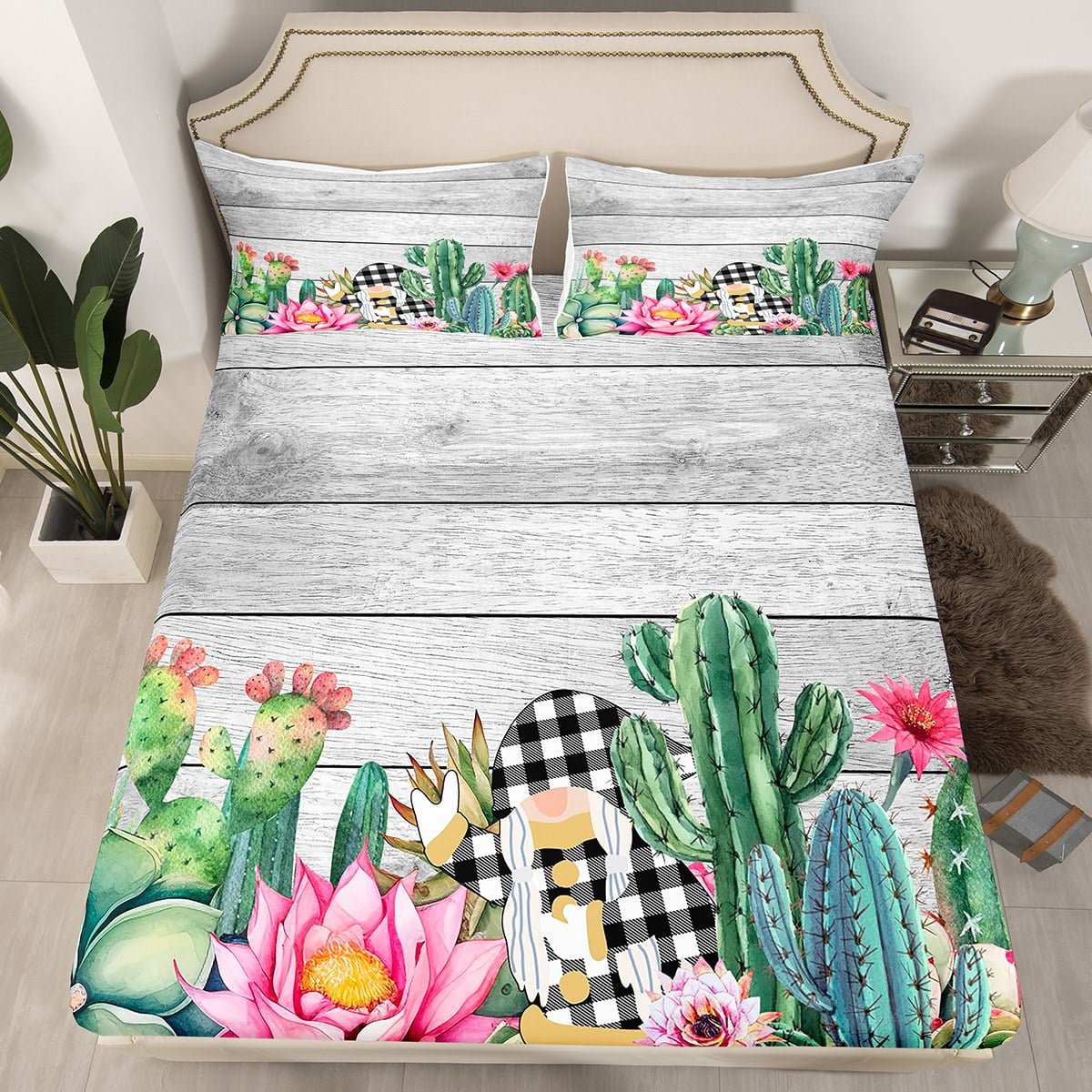 YST Cute Gnomes Fitted Sheet for Kids Boys Girls,Spring Cactus Flower ...