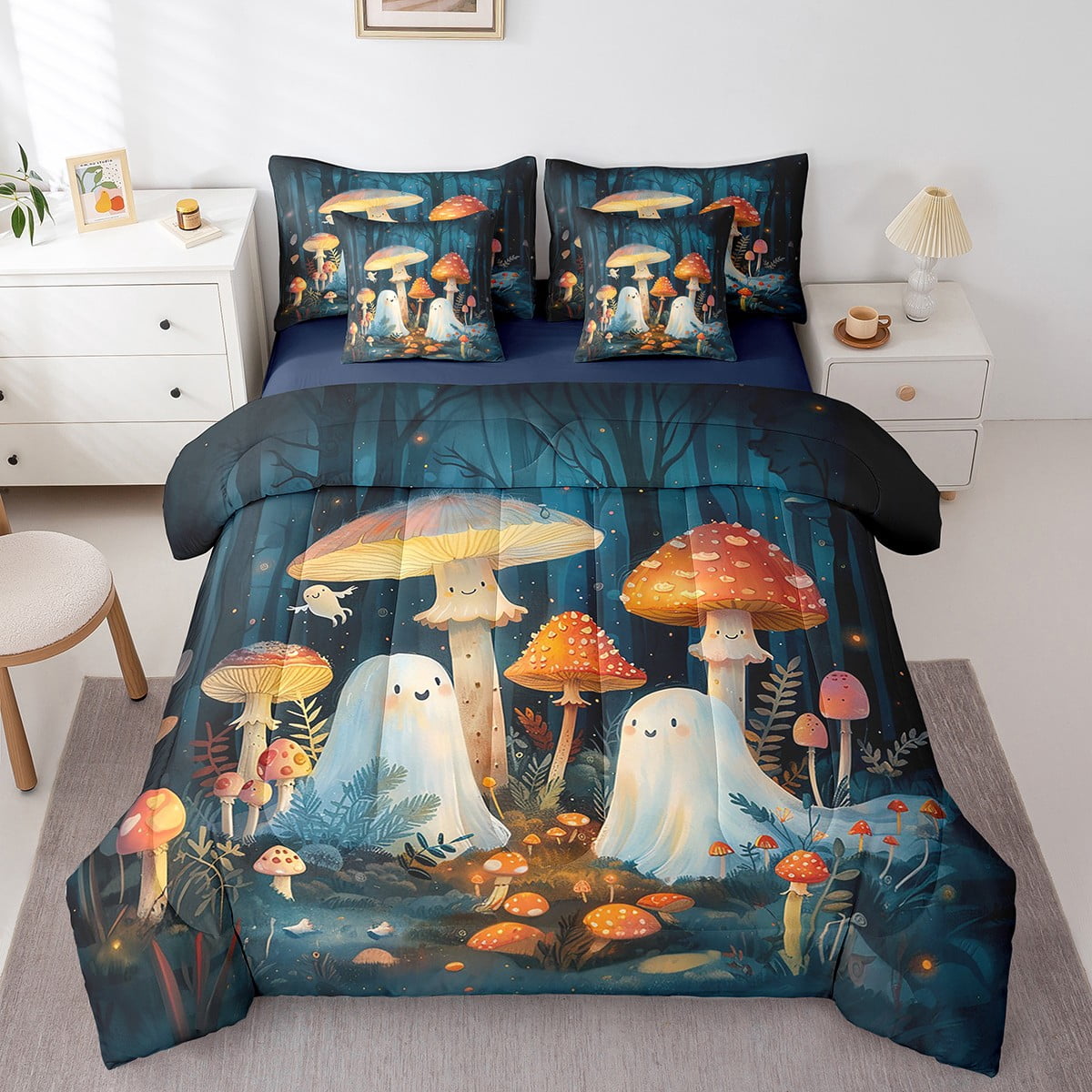 Cute Halloween Ghost Bedding Set 7 Piece Gothic Magical Mushroom Plant ...