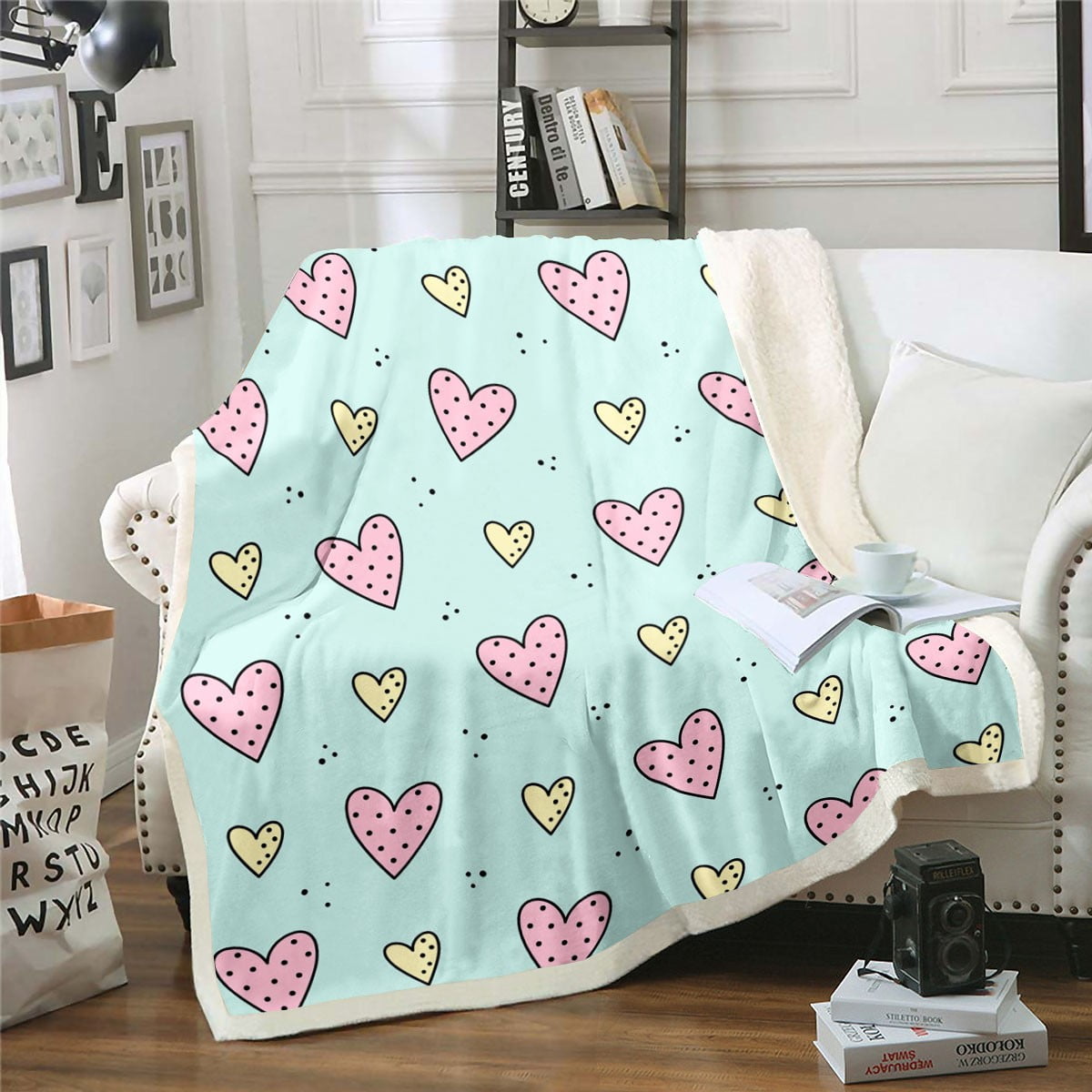 Cute Heart Fleece Blanket Yellow and Pink Love Fuzzy Blanket Kawaii ...