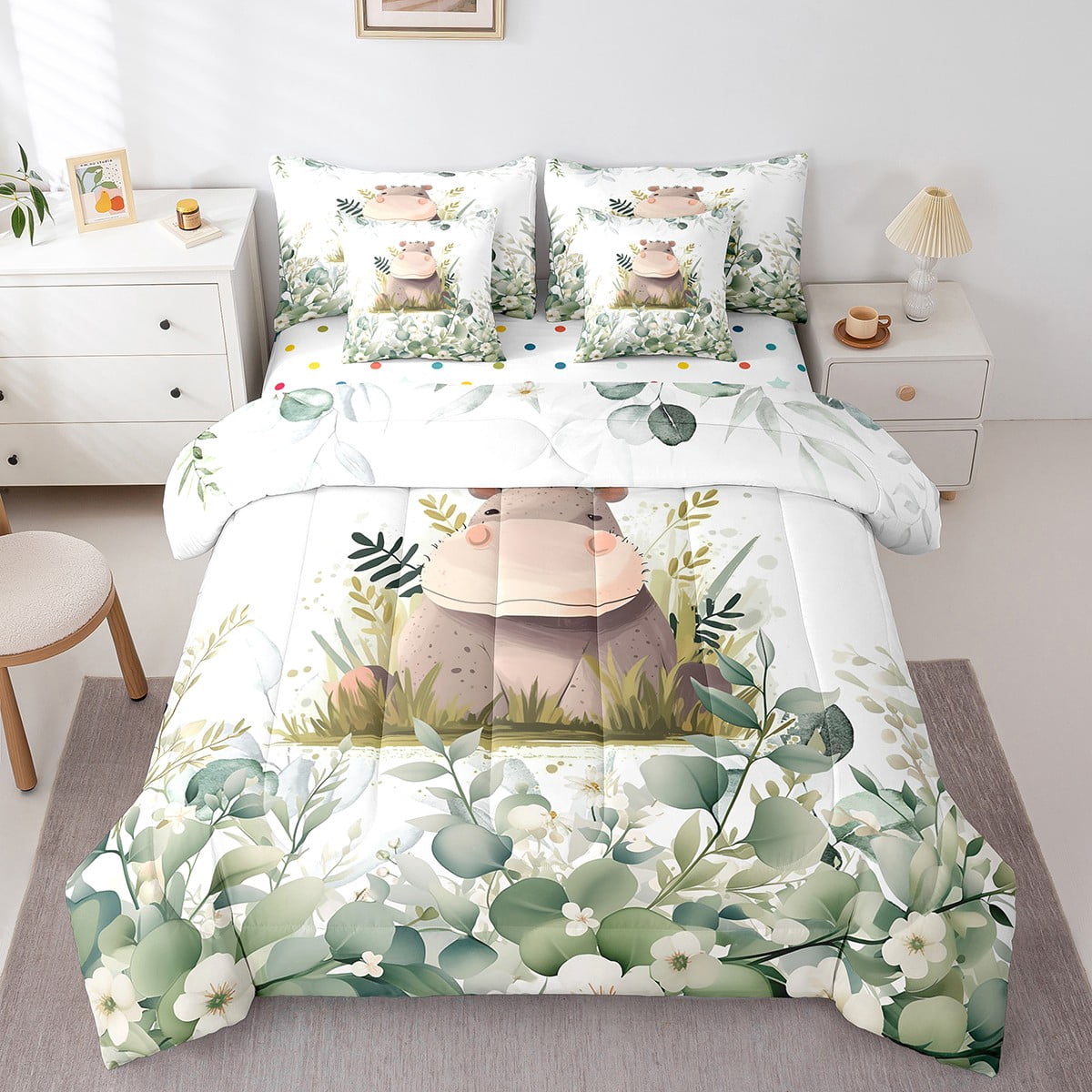 Cute Hippo Bed in a Bag 7-Piece Green Eucalyptus Bedding Set, Woodland ...