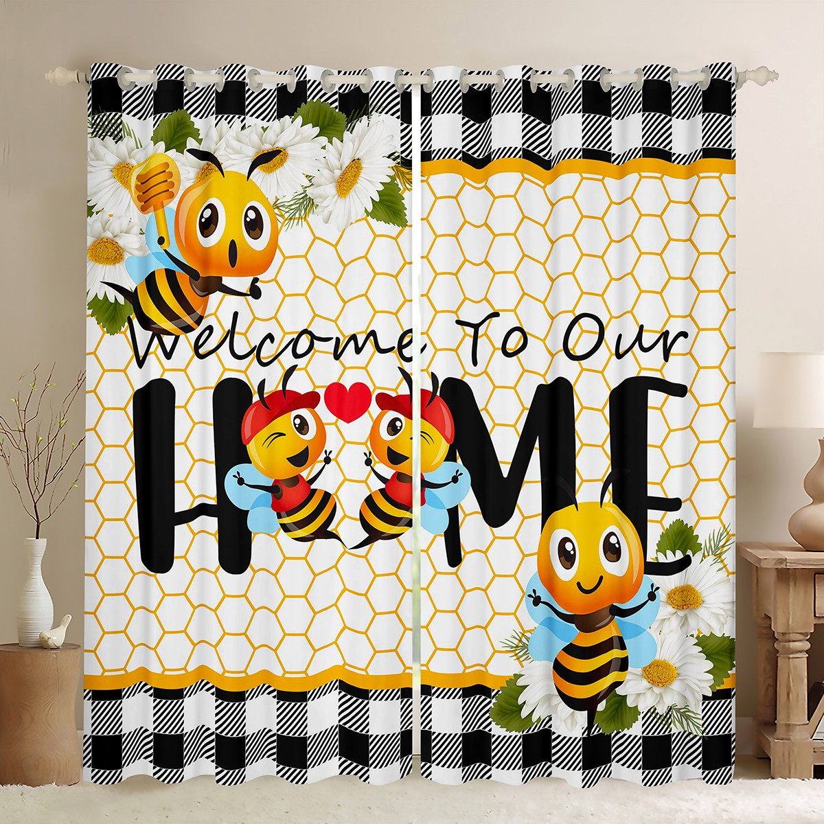 YST Cute Honey Bee Curtains & Drapes Kawaii Animal Curtains, Geometry ...