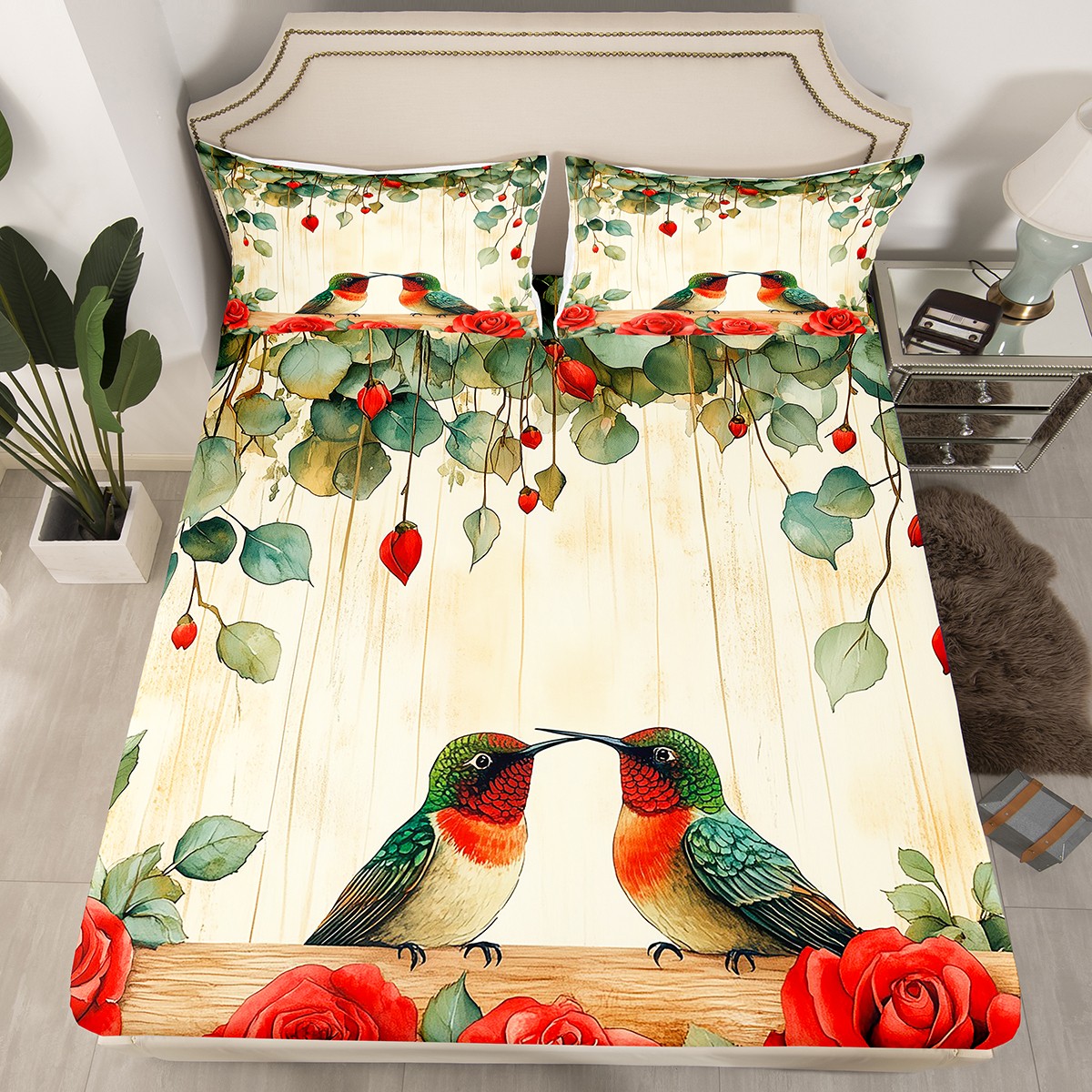 Cute Hummingbird Queen Fitted Sheet,Red Rose Floral Bird Bedding Set ...