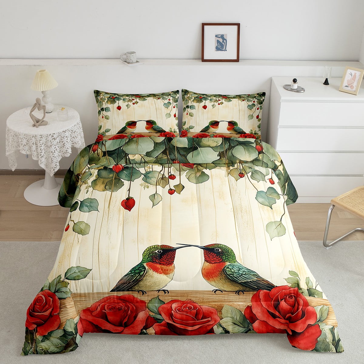 YST Cute Hummingbird Twin Bedding Set,Red Rose Floral Bird Comforter ...