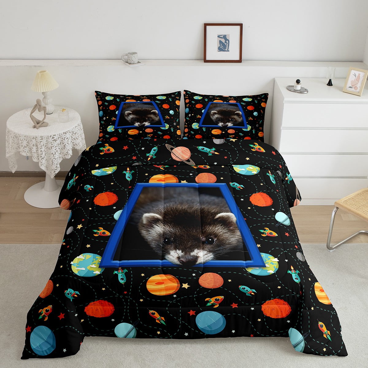 YST Cute Kawaii Ferret Bedding Set Full Mystic Outer Space Comforter ...