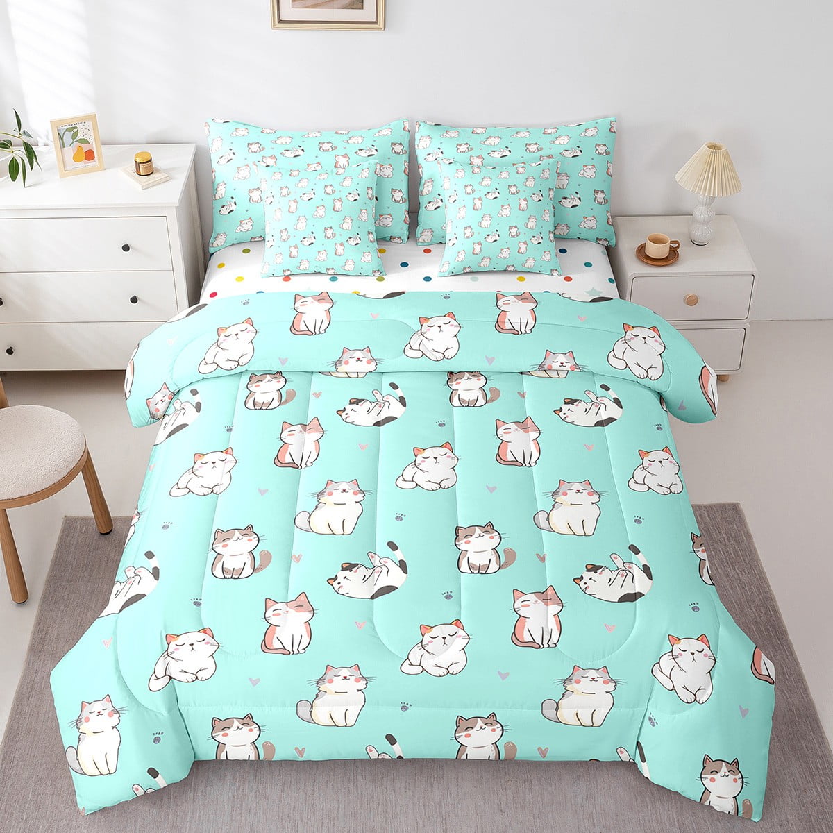 Cute Kitten Cat Twin Comforter Set 7-Piece Cartoon Pet Animal Bedding ...