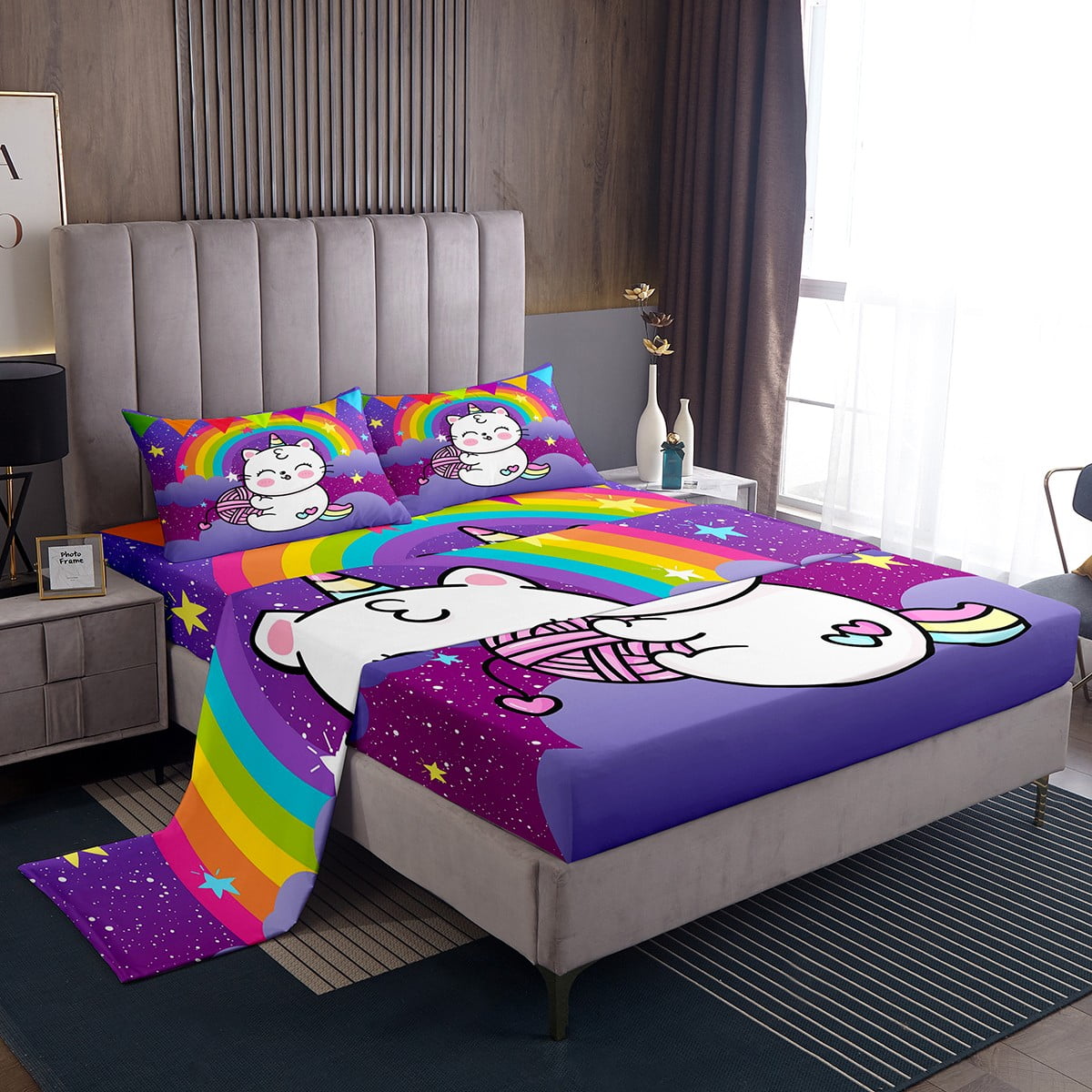 YST Cute Kitten Flat Fitted Sheet Galaxy Glitter Stars Cartoon Rainbow ...